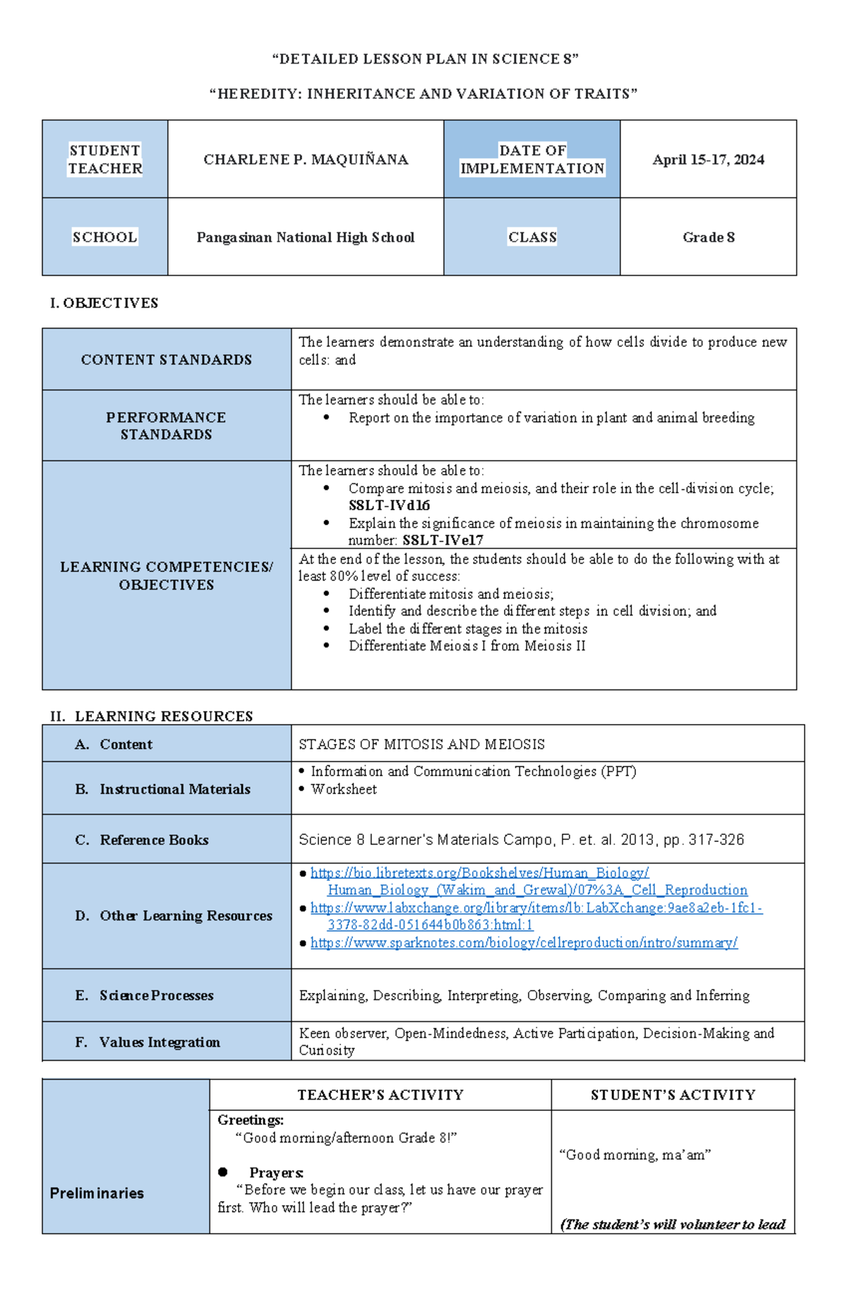 Cellular Reproduction - “DETAILED LESSON PLAN IN SCIENCE 8” “HEREDITY ...