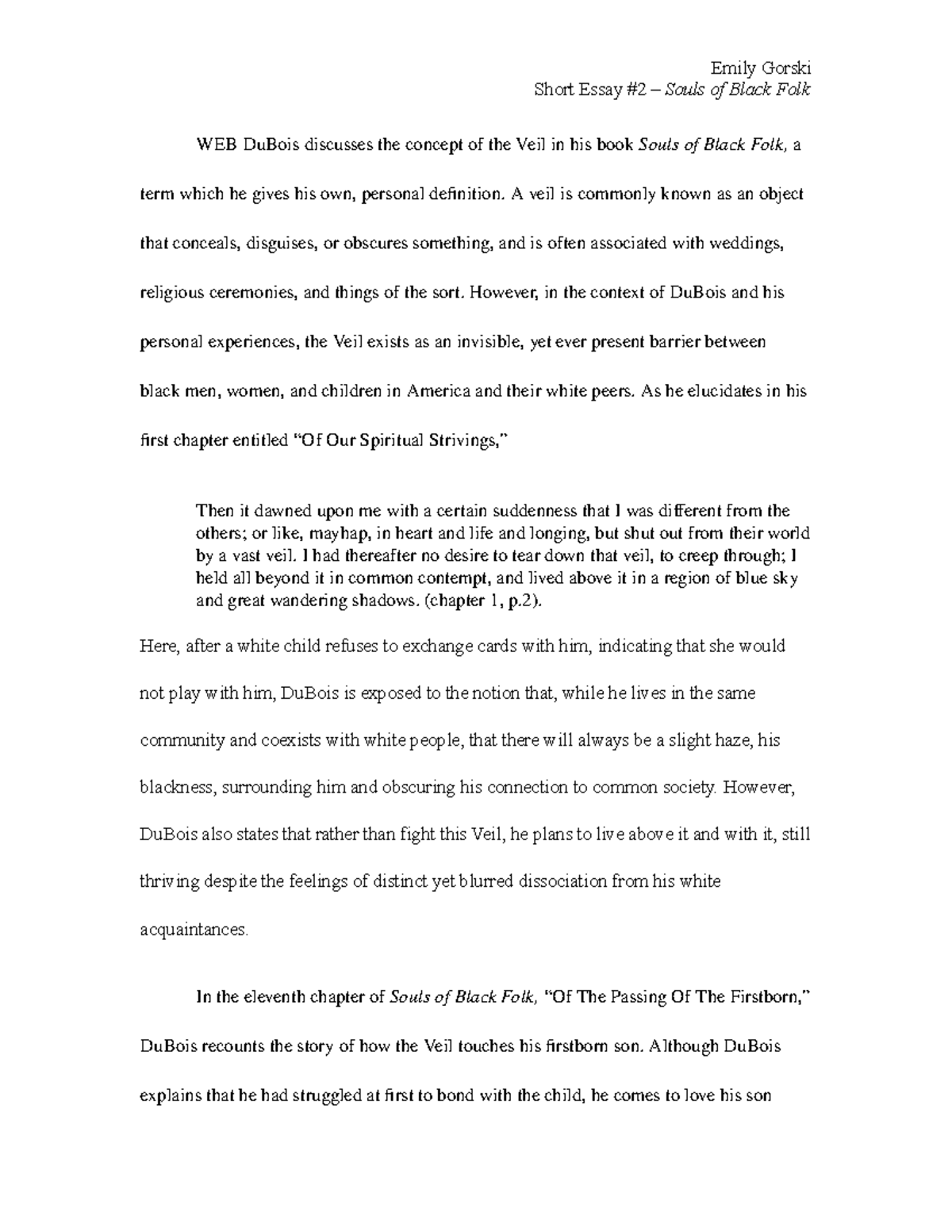 Short Essay #2 - Souls of Black Folk - Emily Gorski Short Essay #2 ...