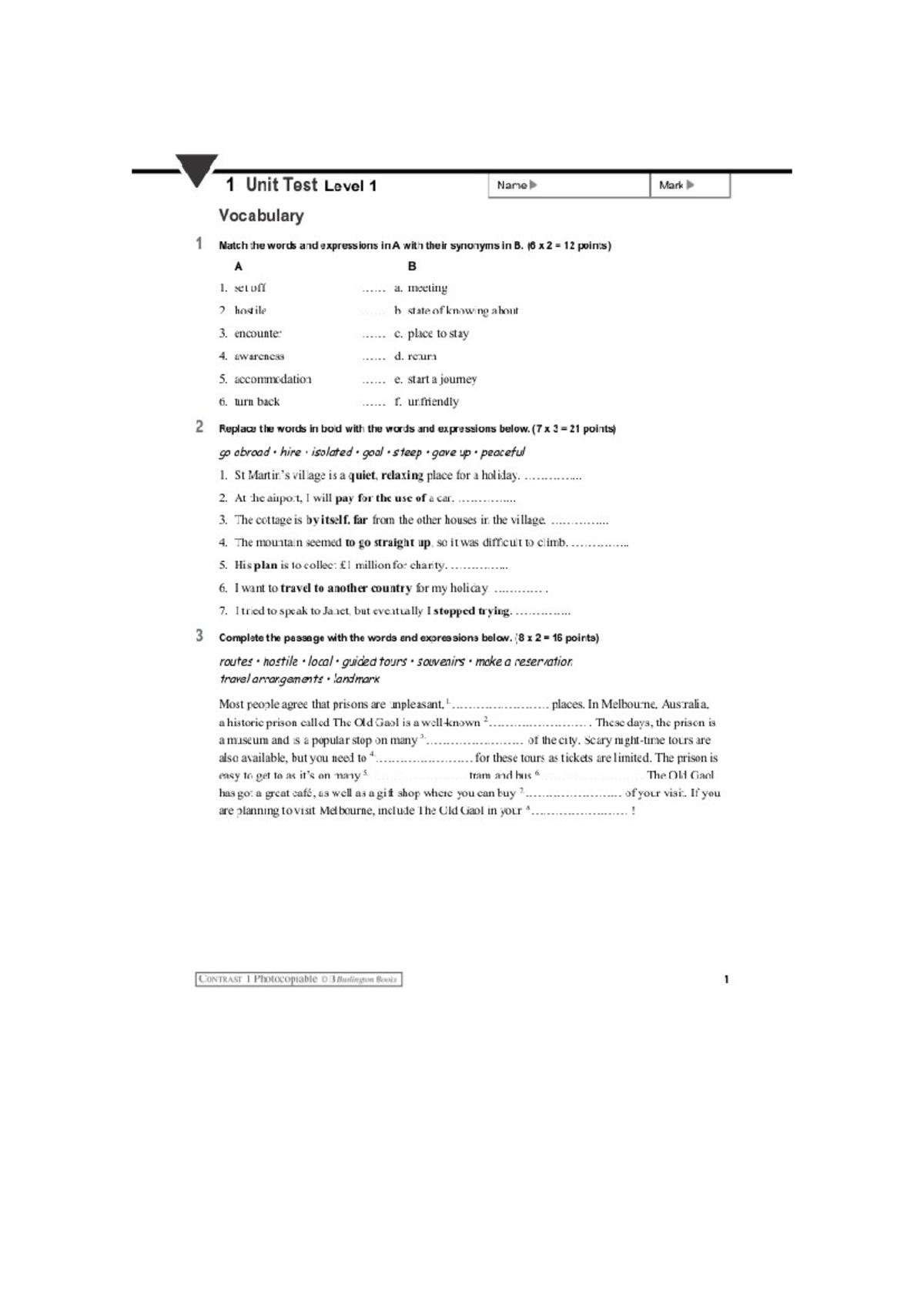 Tests contrast 1 - exercises - 1 Unit Test Level 1 Name Mark Vocabulary ...