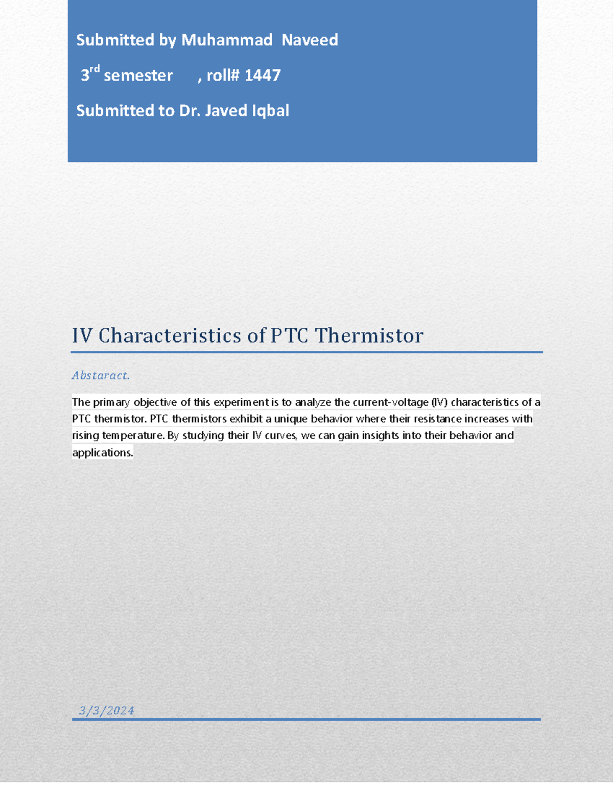 IV Characteristics of PTC Thermistor - IV Characteristics of PTC ...