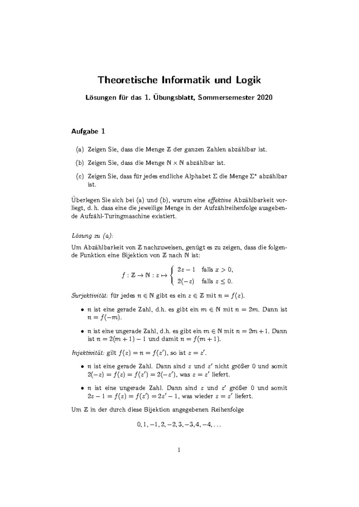 Übung 1 - Lösung - Theoretische Informatik und Logik L ̈osungen fur das ...