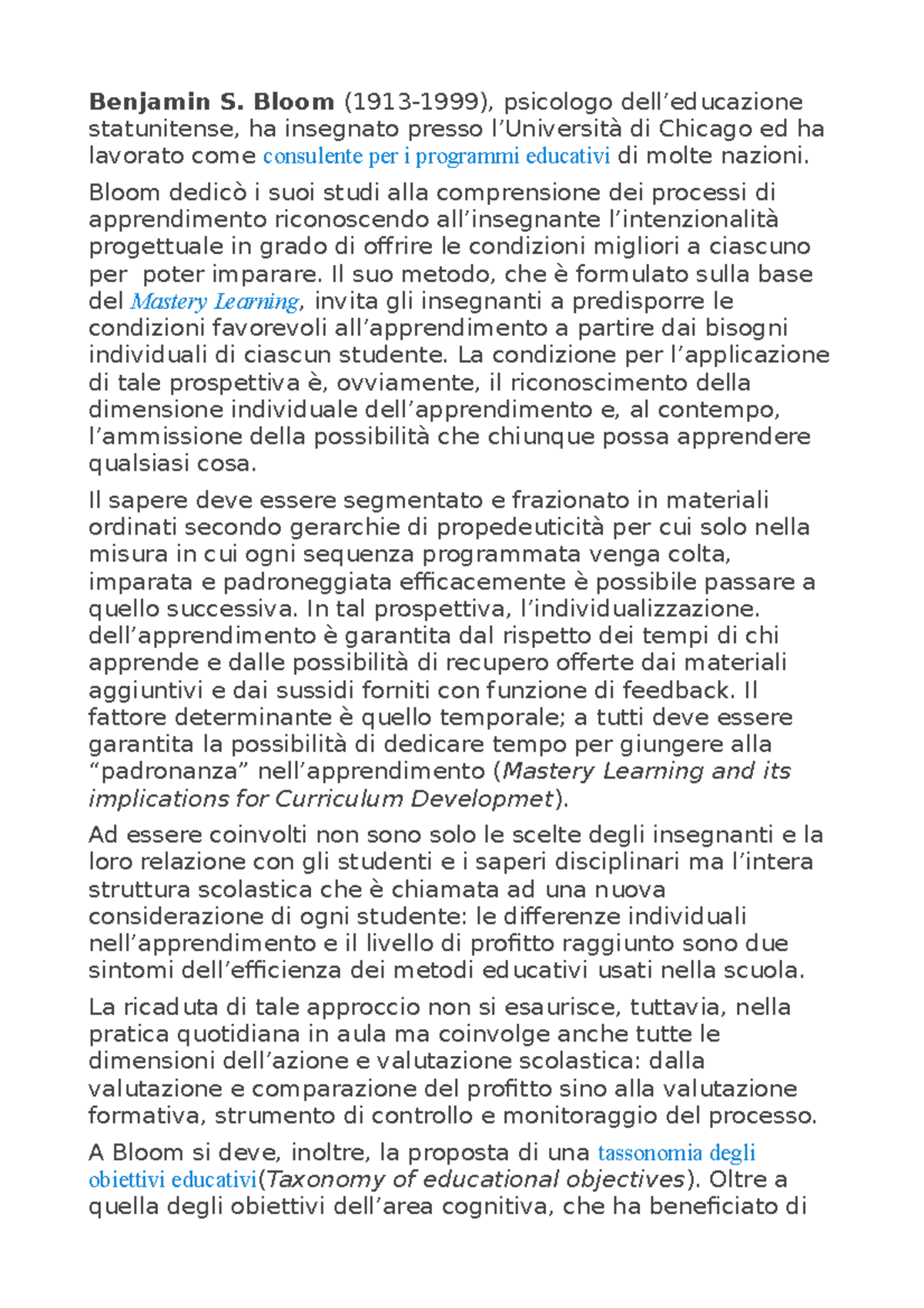 Mastery learning - Benjamin S. Bloom (1913-1999), psicologo dell ...