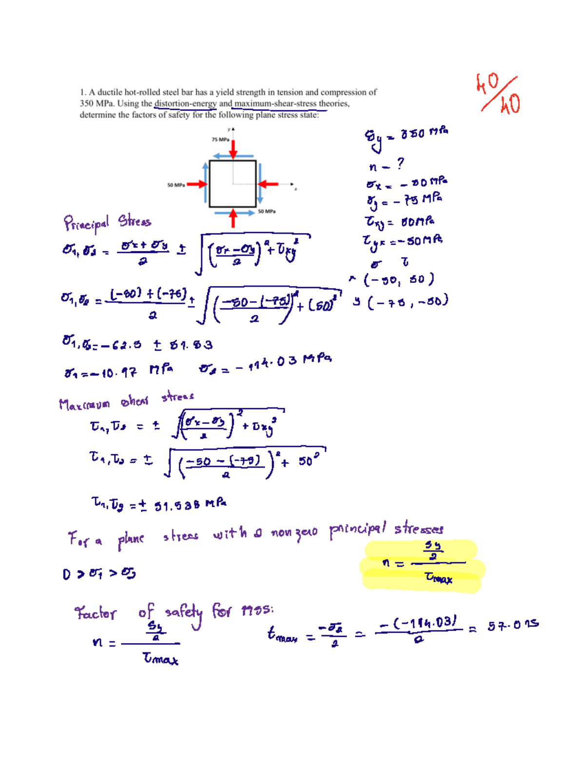 Homework solving 3 - Heat transfer notes - gy 350 MPa n Ox soMPa Oy 75 ...
