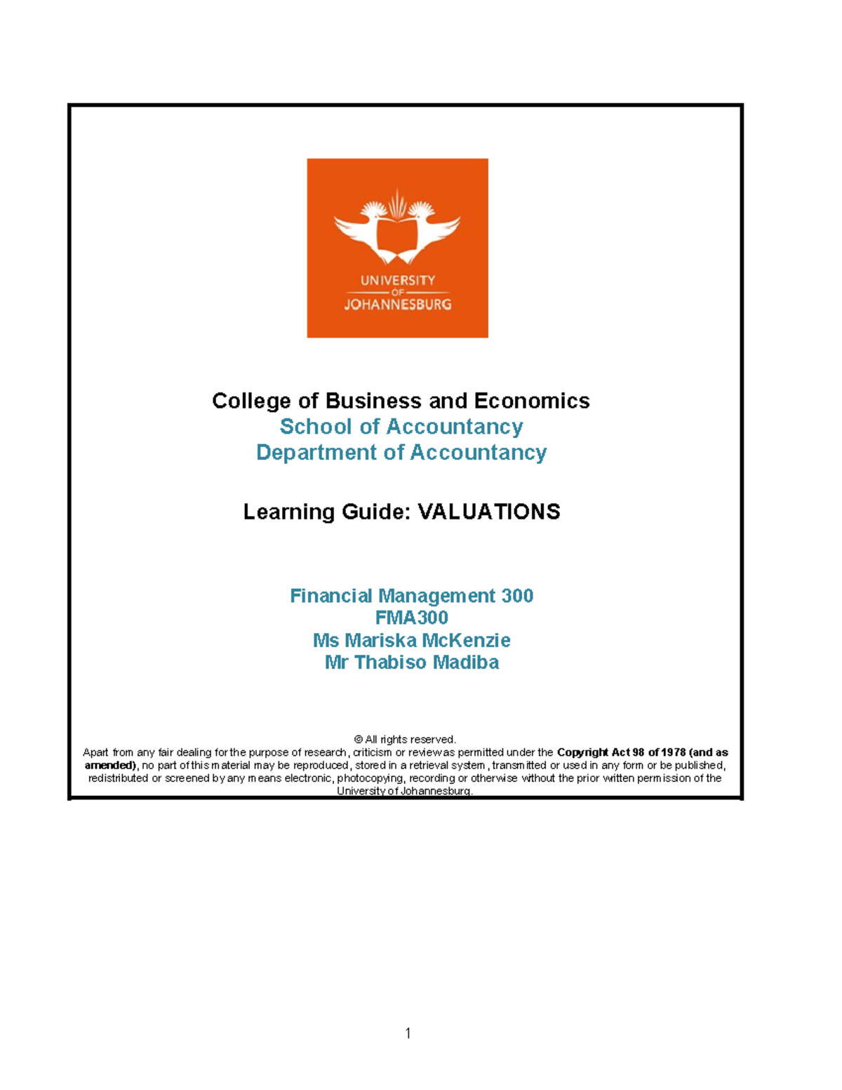 Learning guide Valuations 2023 - 1 College of Business and Economics ...