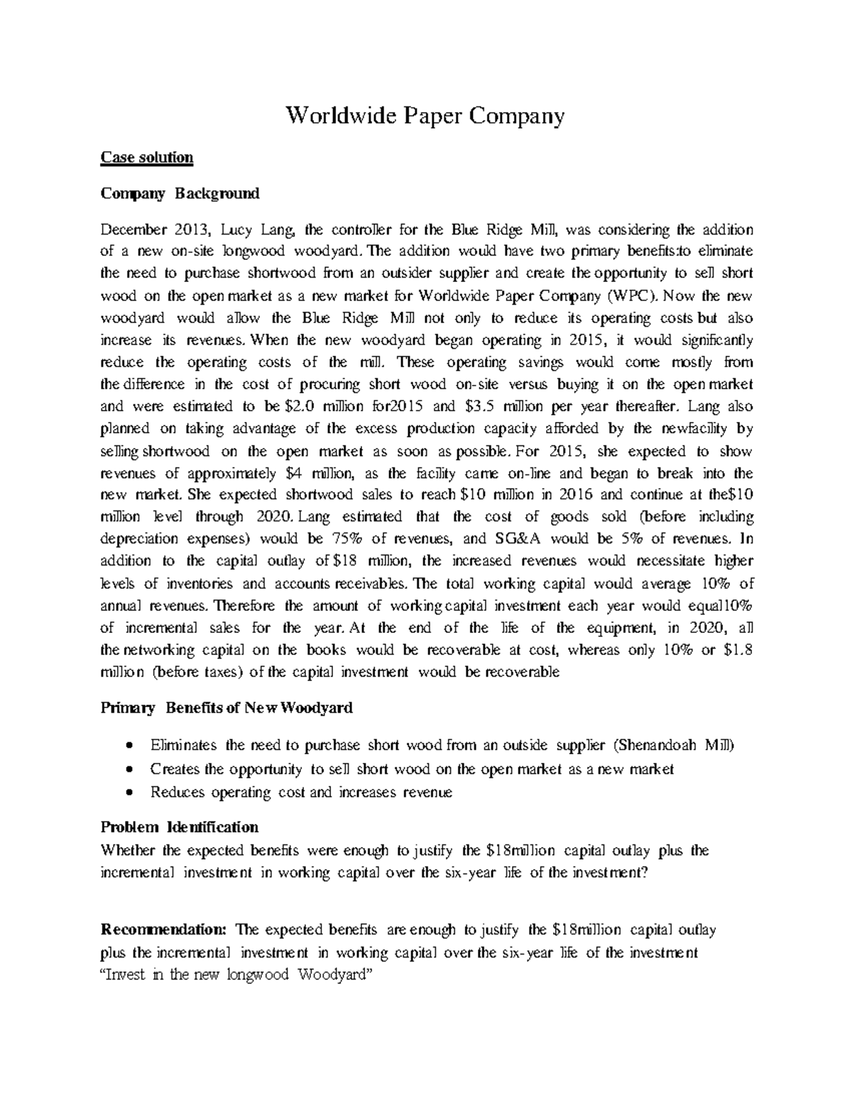 Worldwide Paper Company final - bmanagement - Harvard - Studocu