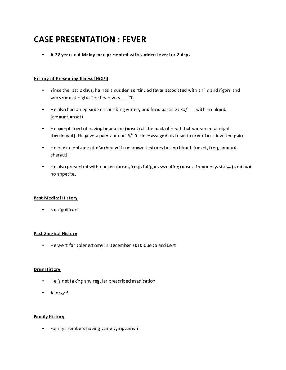 Template Approach TO Fever - CASE PRESENTATION : FEVER A 27 years old ...