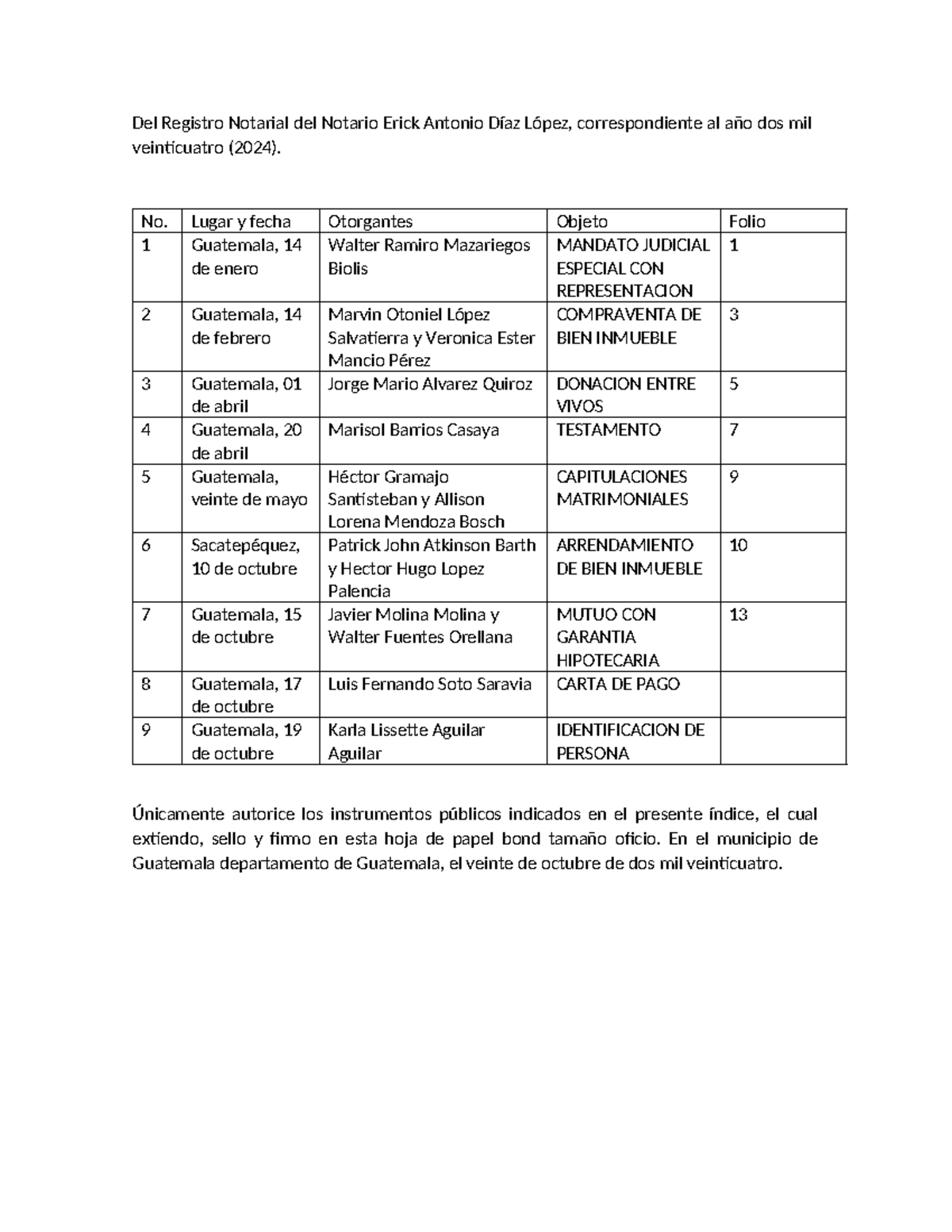 Indice Protocolo - Del Registro Notarial del Notario Erick Antonio Díaz ...