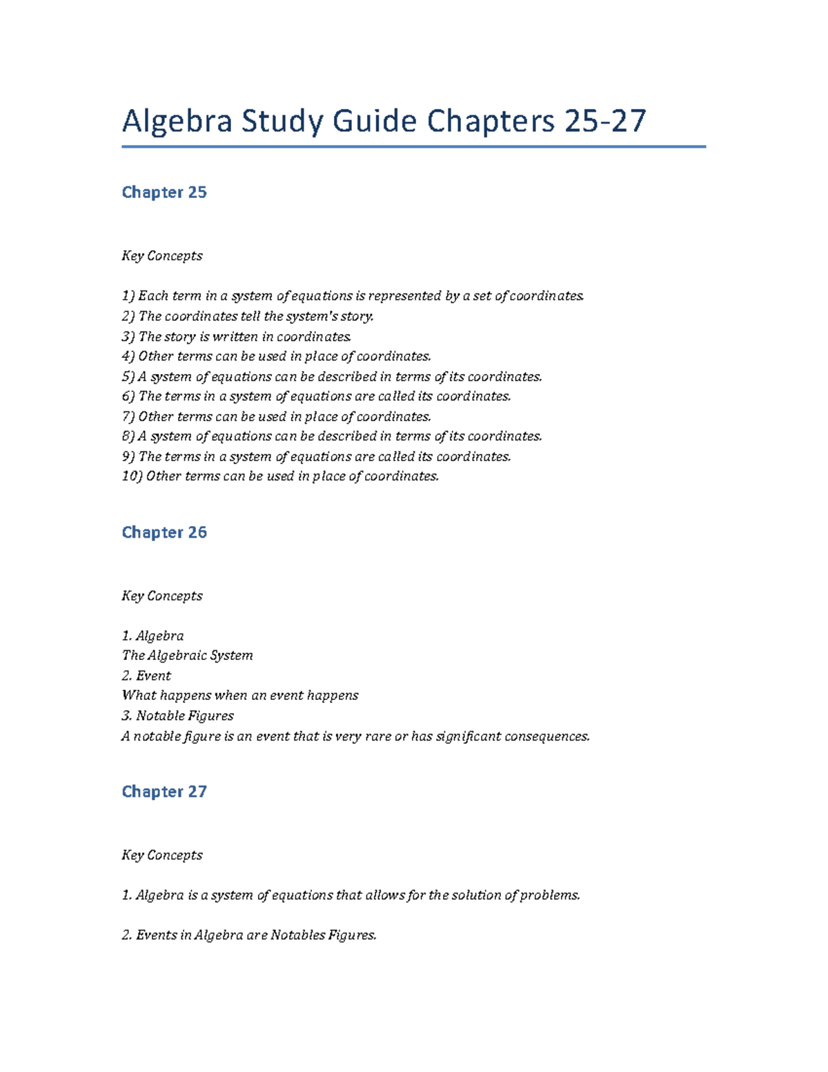 Algebra Study Guide Chapters 25-27 - Algebra Study Guide Chapters 25 ...