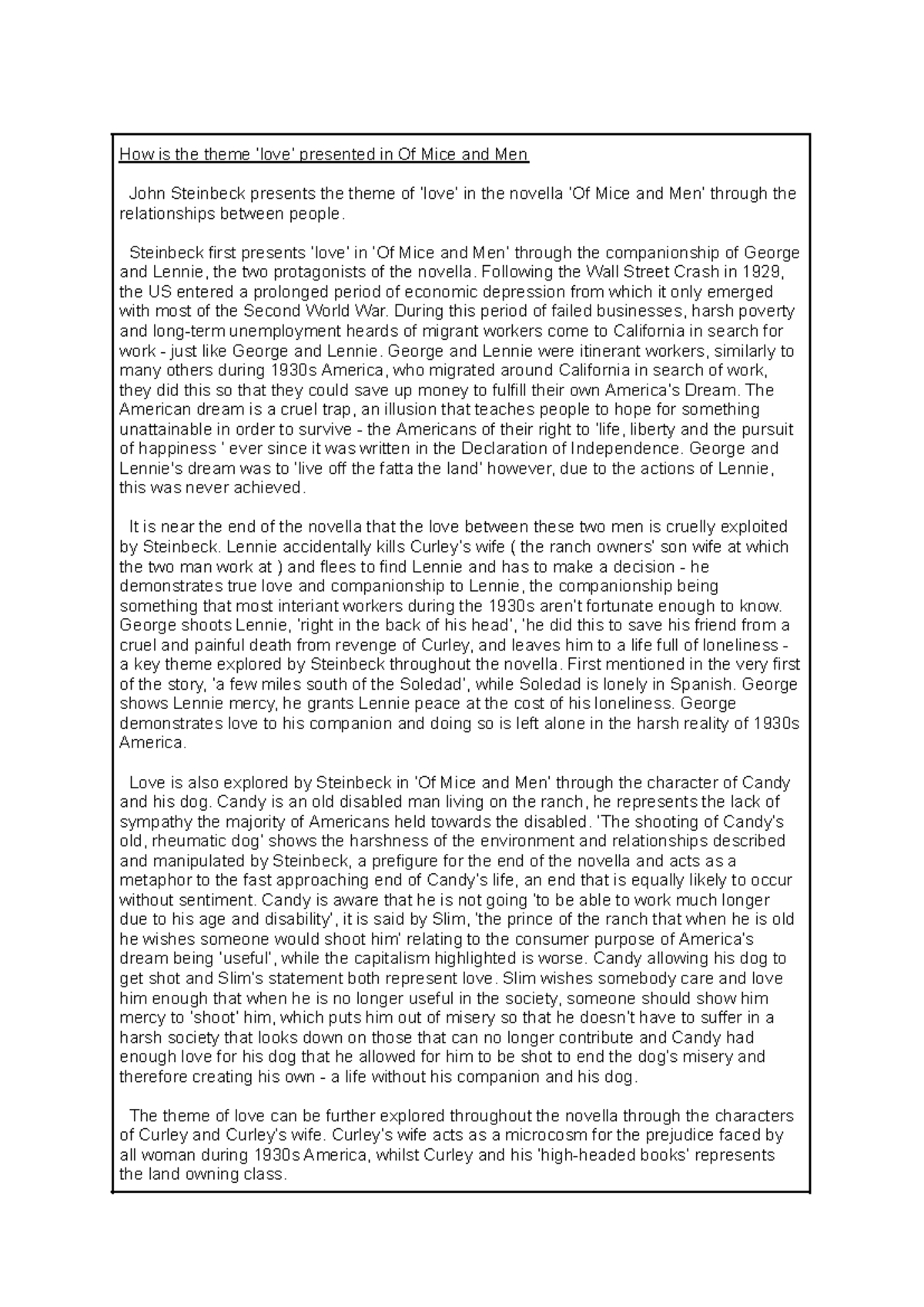 Of mice and men essay - How is the theme ‘love’ presented in Of Mice ...