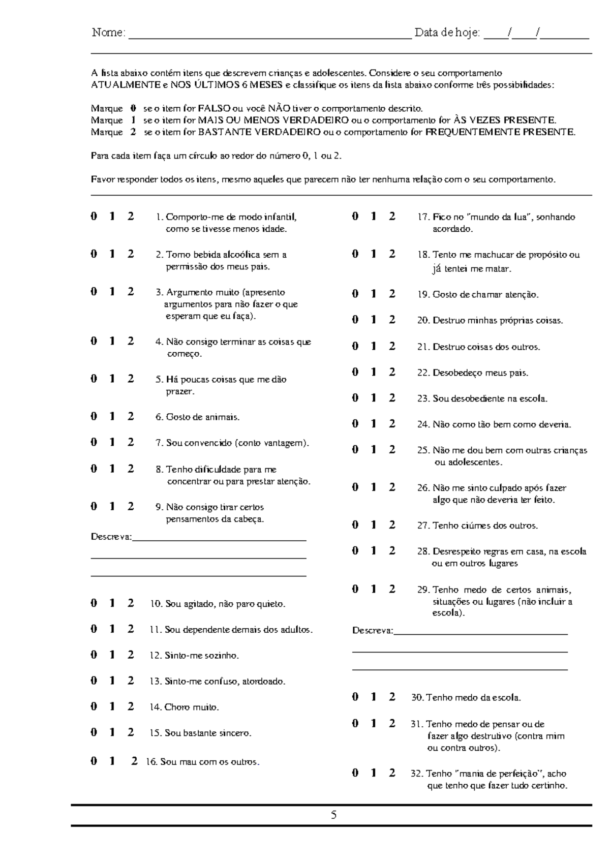 YSR ( Aseba) - Folha de Aplicação - - Studocu