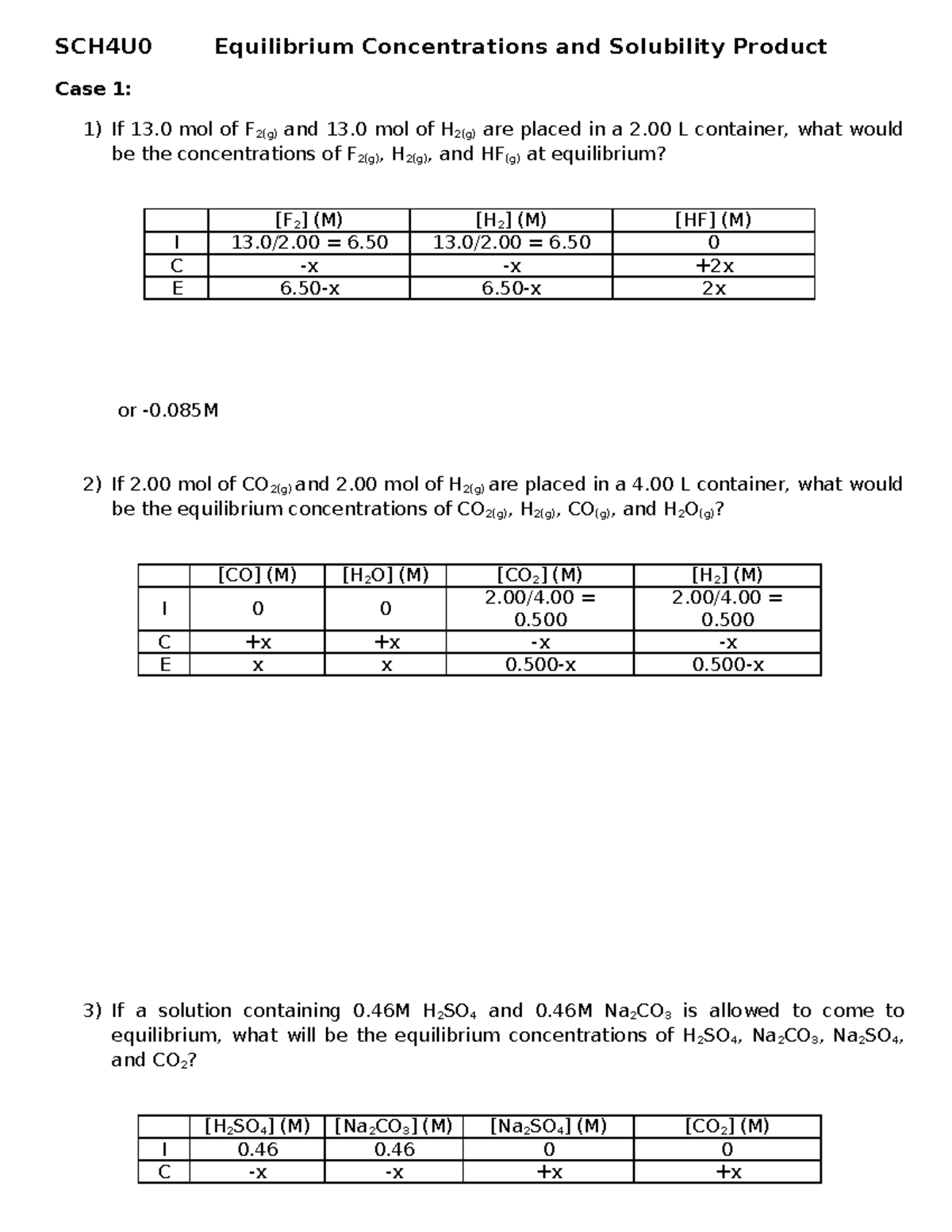 SCH4U0 - 3 - Worksheet 3 Equilibrium Concentrations and Solubility ...
