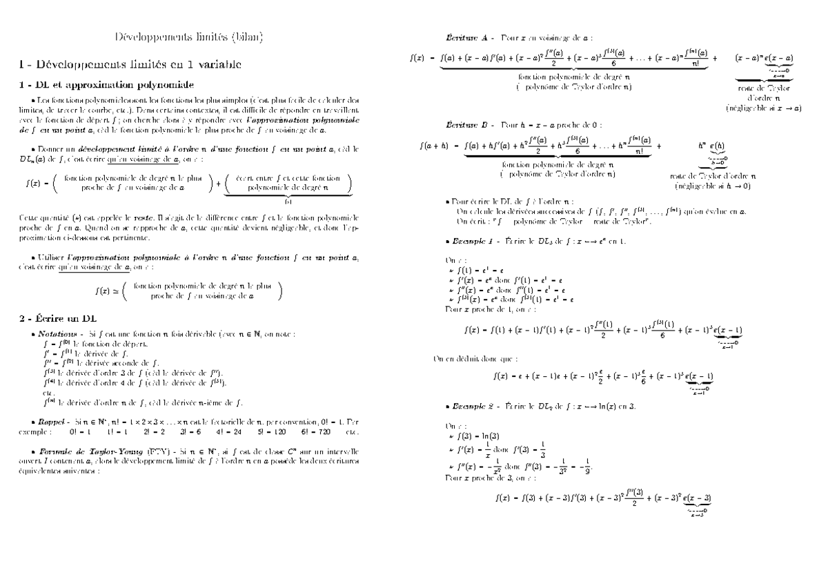 Développements limités fiche sur le chapitre - Développ ementslimités ...