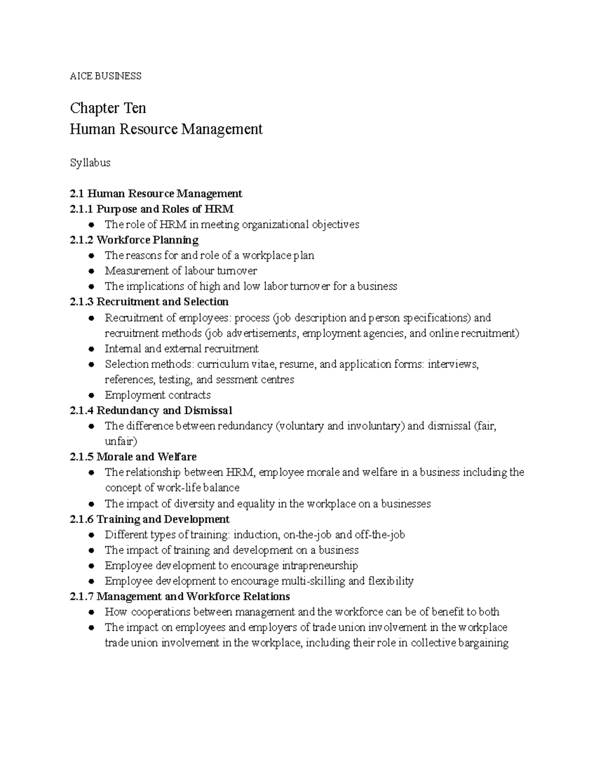 Chapter Ten - Human Resource Management - AICE BUSINESS Chapter Ten ...