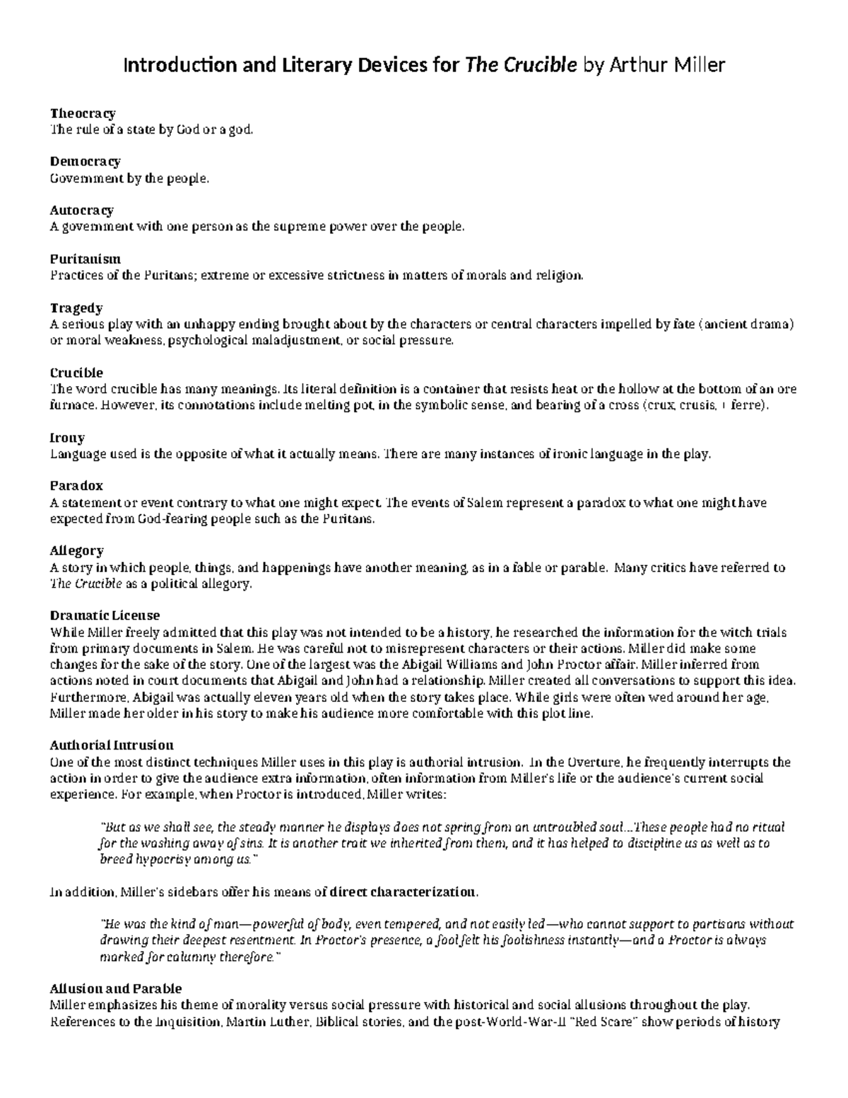Introduction to Crucible Notes - Introduction and Literary Devices for ...