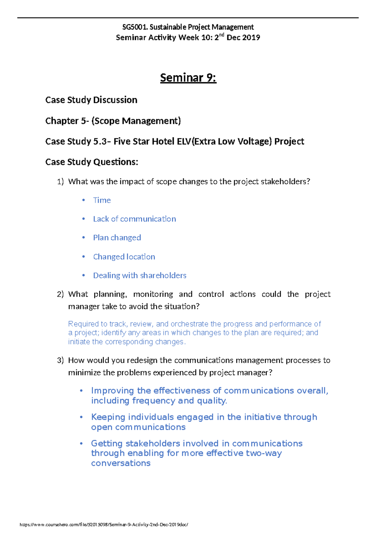 Seminar 9 Activity 2nd Dec 2019 - SG5001. Sustainable Project ...