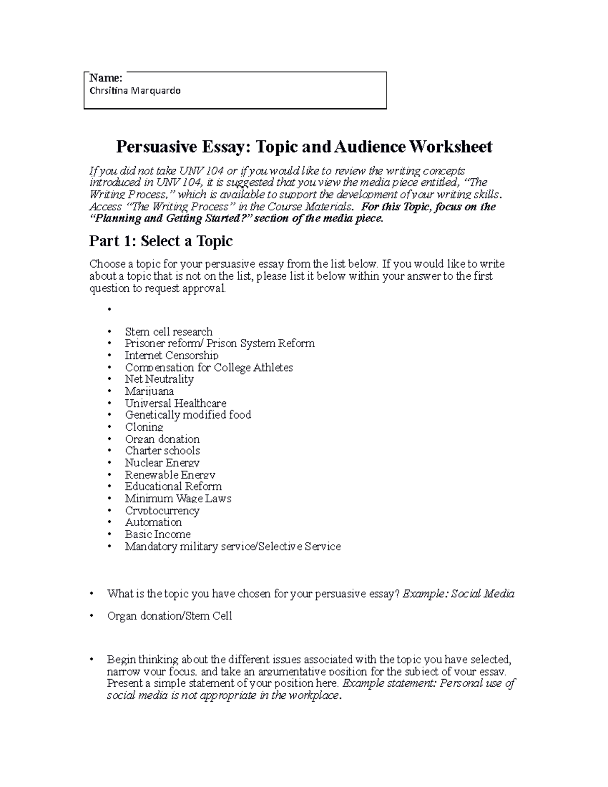 T1 Topicand Audience Worksheet PHI105 Persuasive Essay Planning 9 5 22 ...
