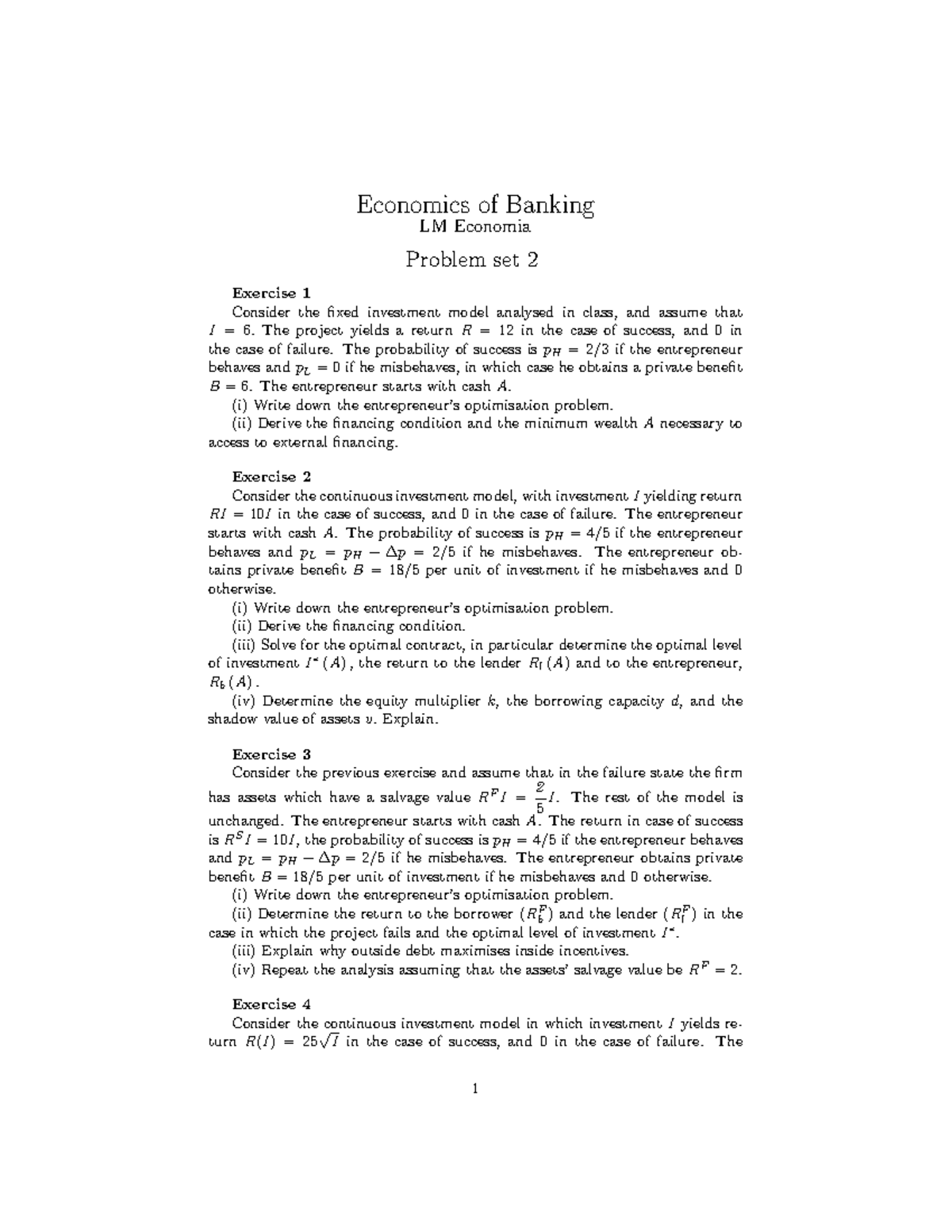 Problemset-banking 2 - Esercitazioni per prove intercorso - Economics of Banking LM Economia ...