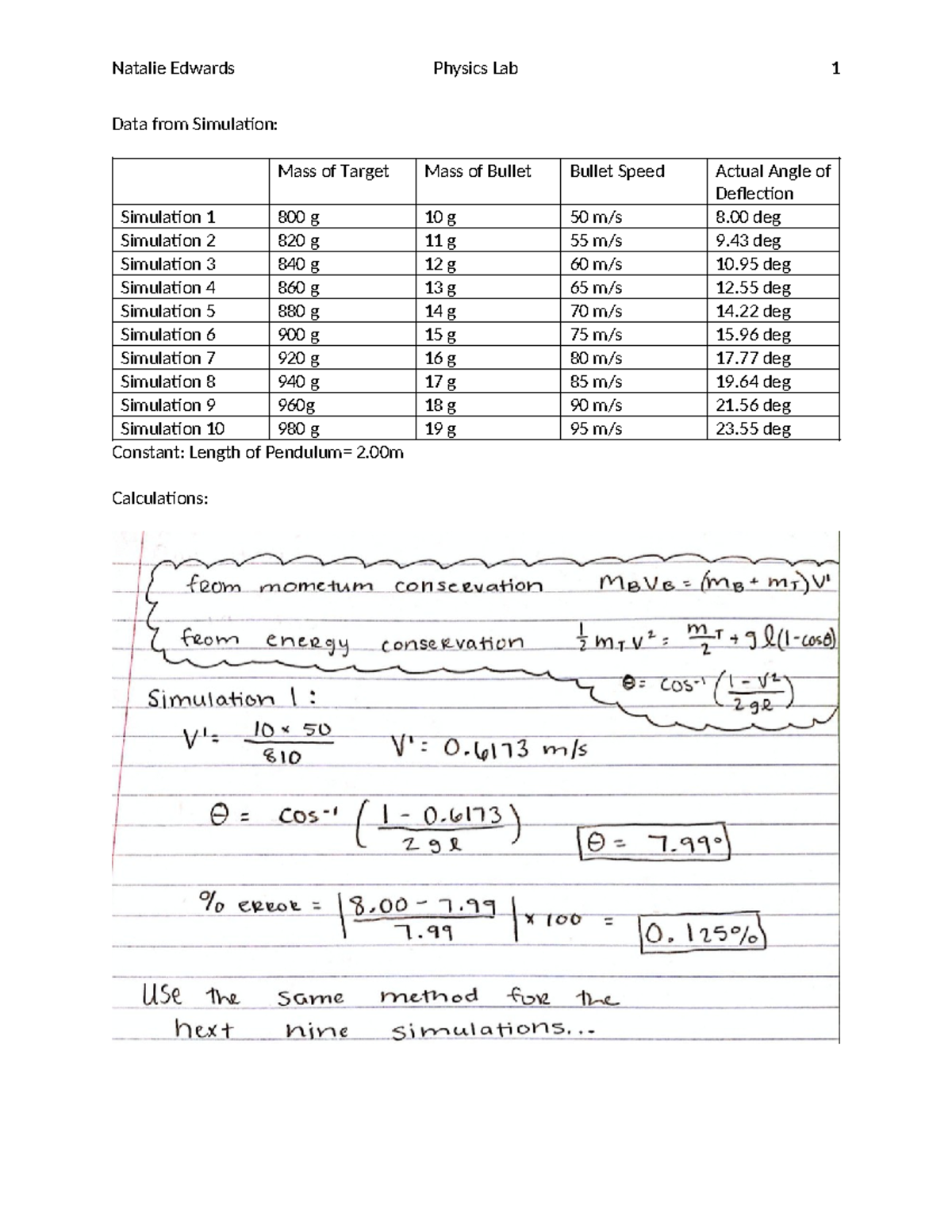 Ballistic pendulum lab - Natalie Edwards Physics Lab 1 Data from Simulation: Mass of Target Mass ...
