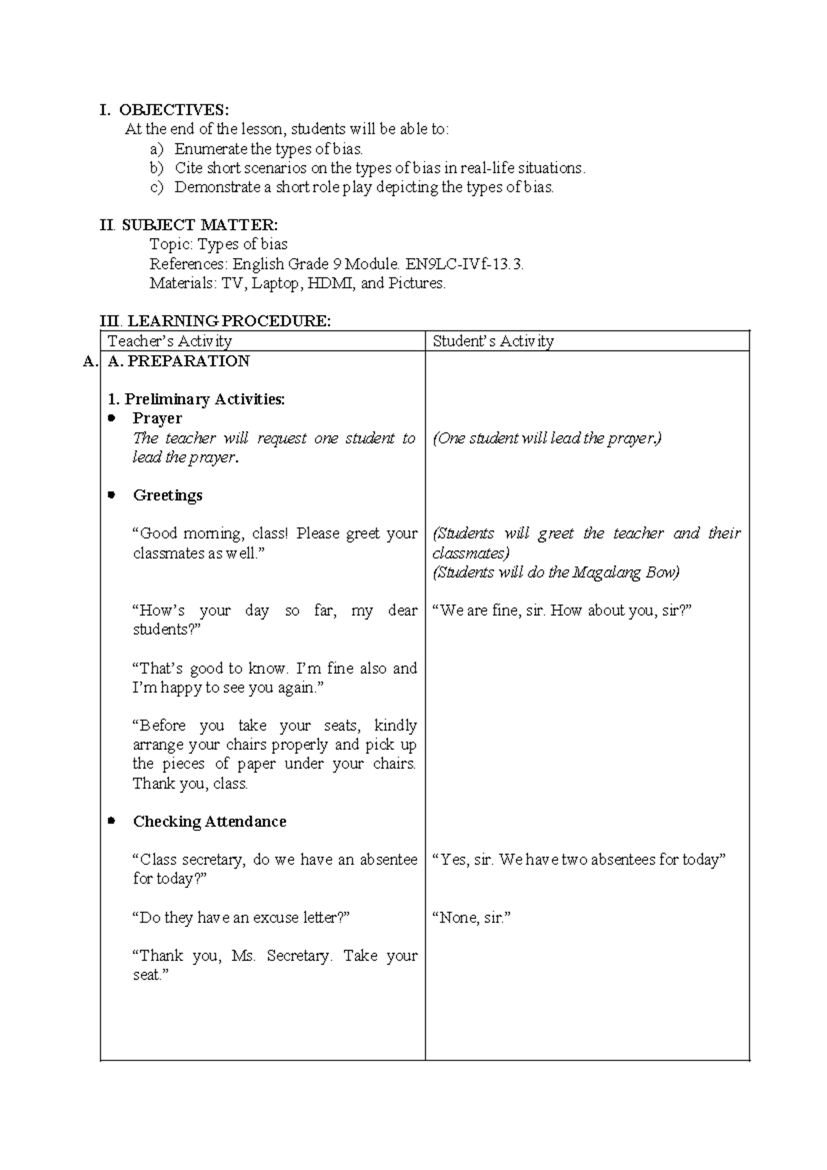 Lesson plan for types of bias - I. OBJECTIVES: At the end of the lesson ...