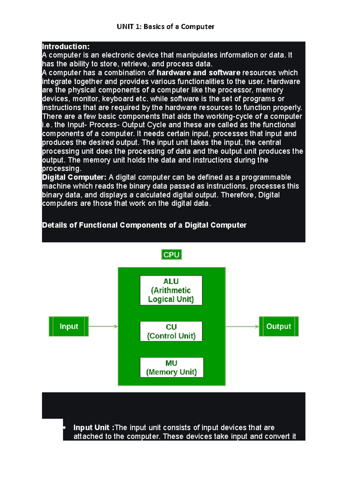 Elements unit 1 - ecse notes - Introduction: A computer is an ...