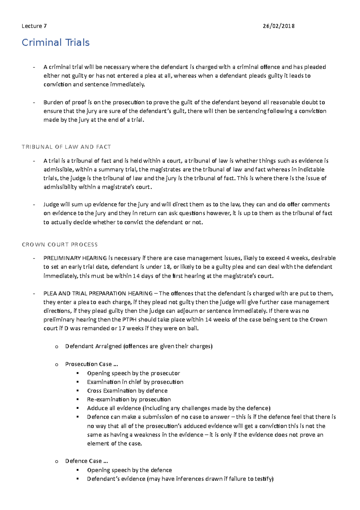 7. Criminal Trials Process - Lecture 7 26/02/2018 Criminal Trials - A ...