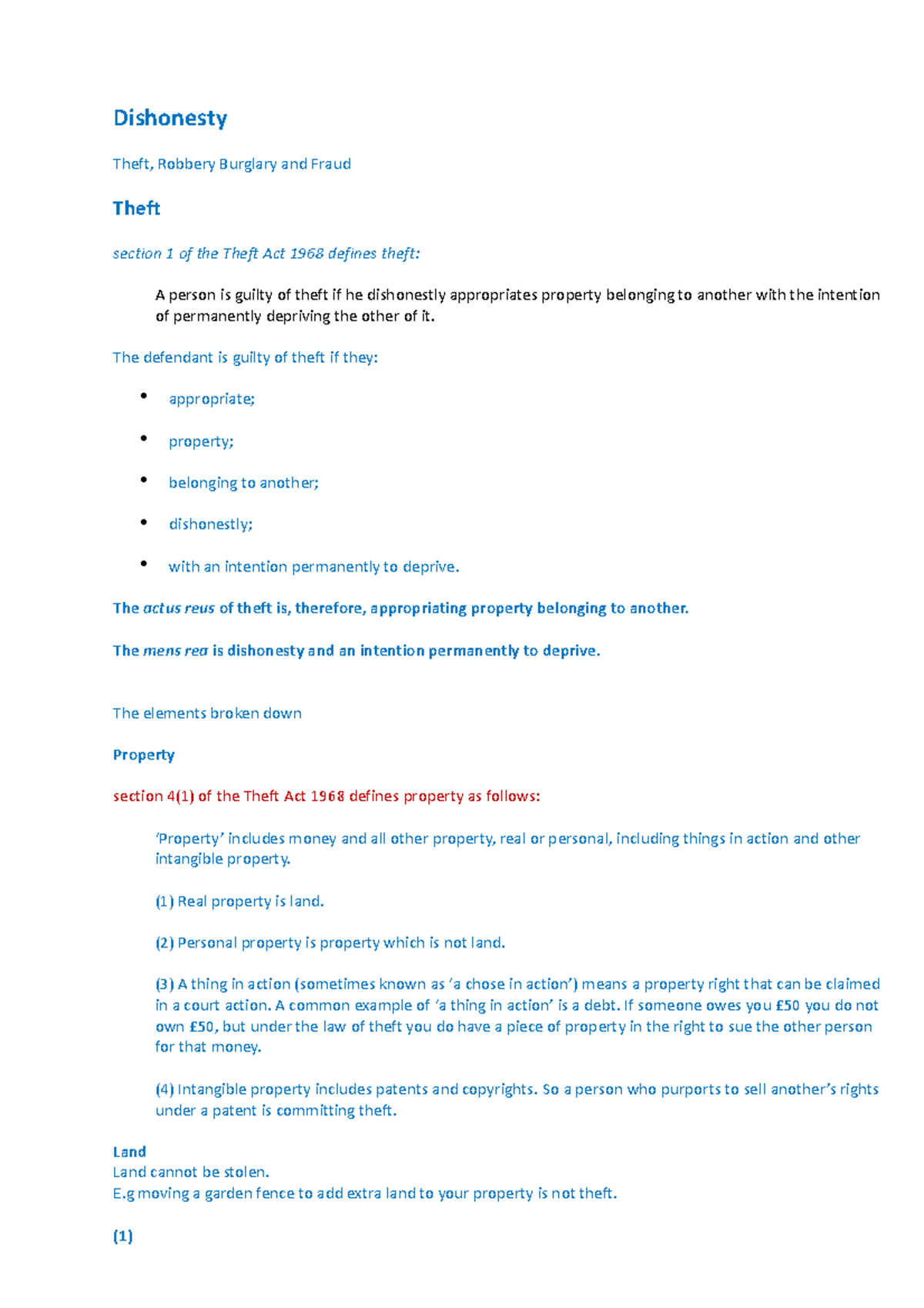 Dishonesty notes LC6docx - Dishonesty Theft, Robbery Burglary and Fraud ...