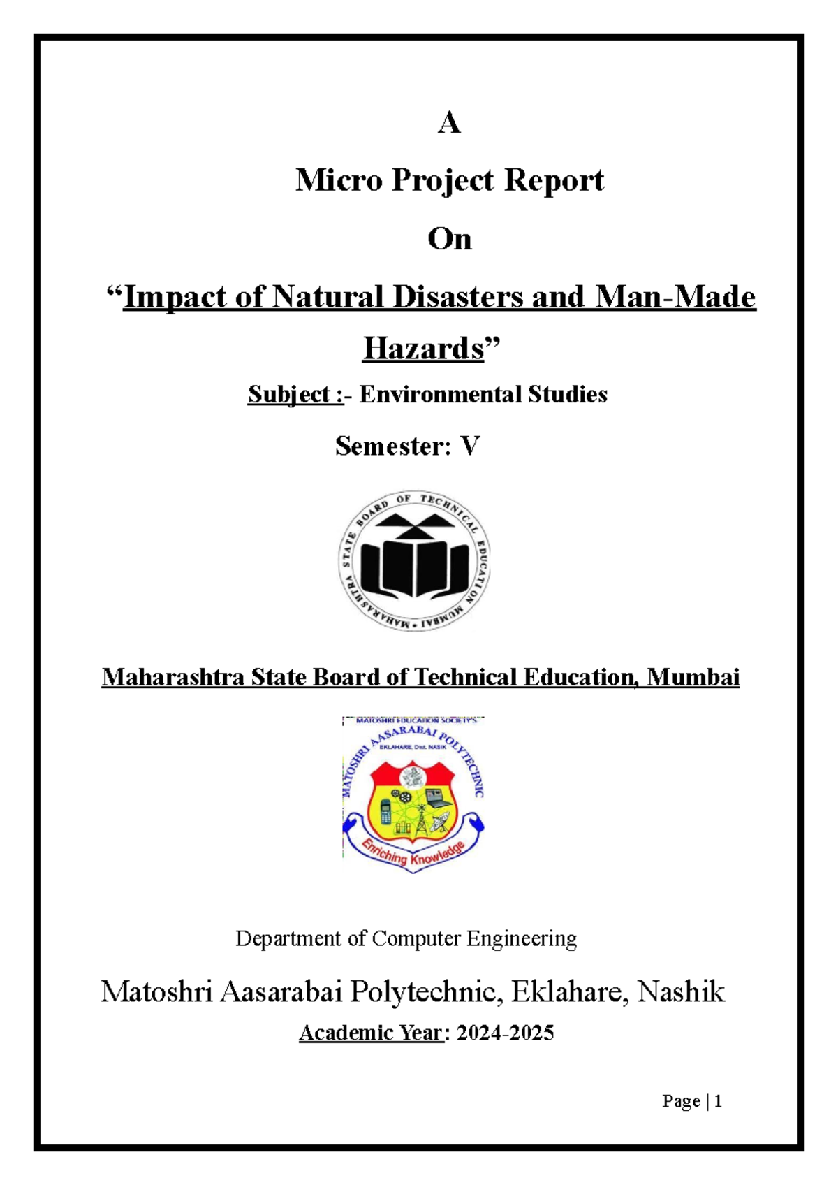 EST - Good - A Micro Project Report On “Impact of Natural Disasters and ...