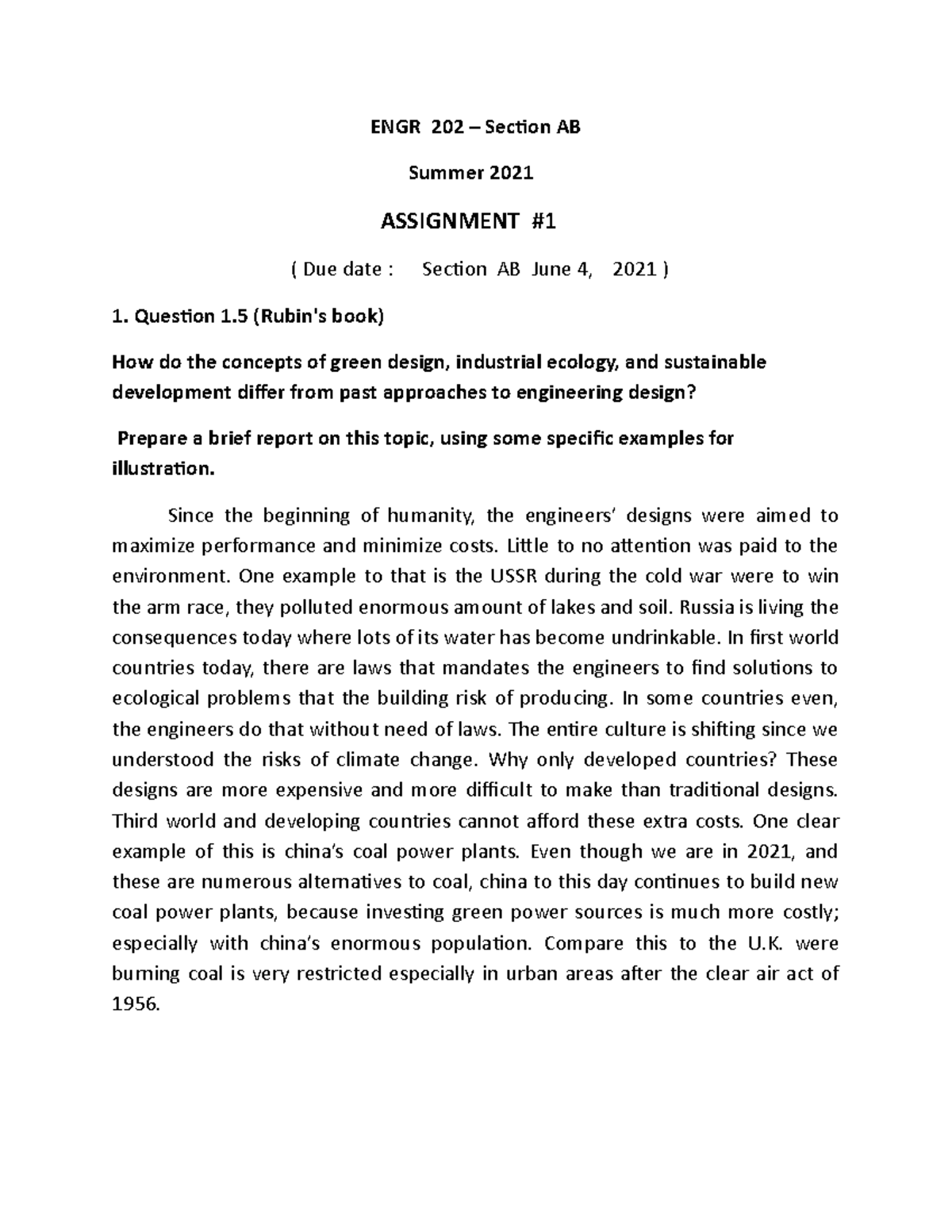 Assign Number 1 ENGR 202-AB Summer 2021 - ENGR 202 – Section AB Summer 2021 ASSIGNMENT ( Due ...