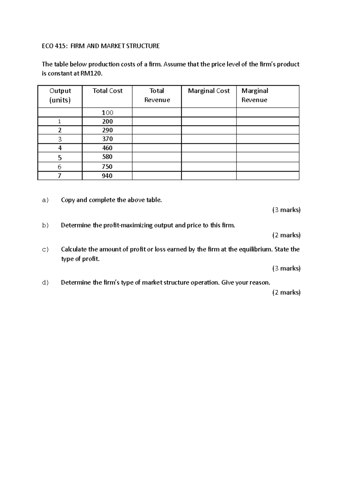 FIRM N Market Structure - ECO 415: FIRM AND MARKET STRUCTURE The table ...
