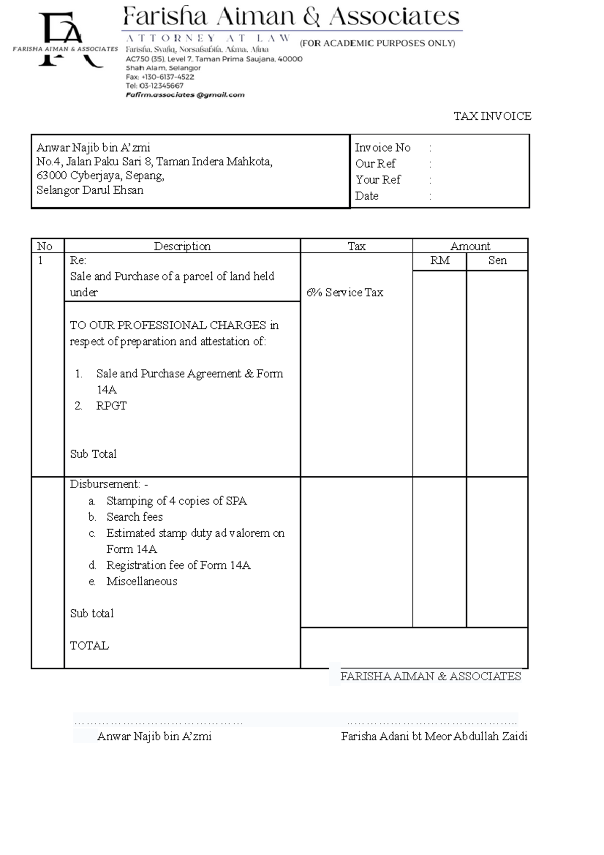 Bill of cost example - TAX INVOICE Anwar Najib bin A’zmi No, Jalan Paku ...