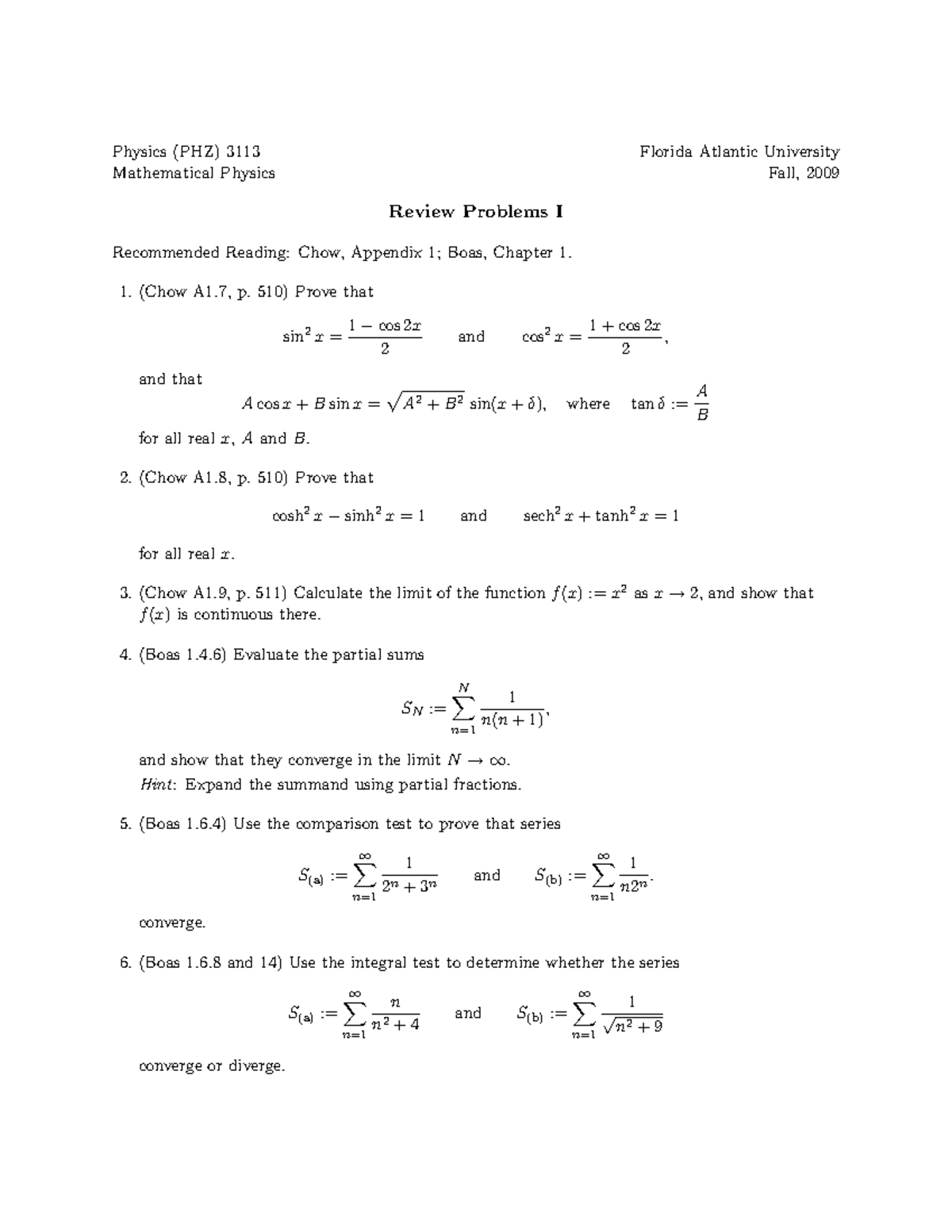Review Problems I - Physics (PHZ) 3113 Florida Atlantic University ...