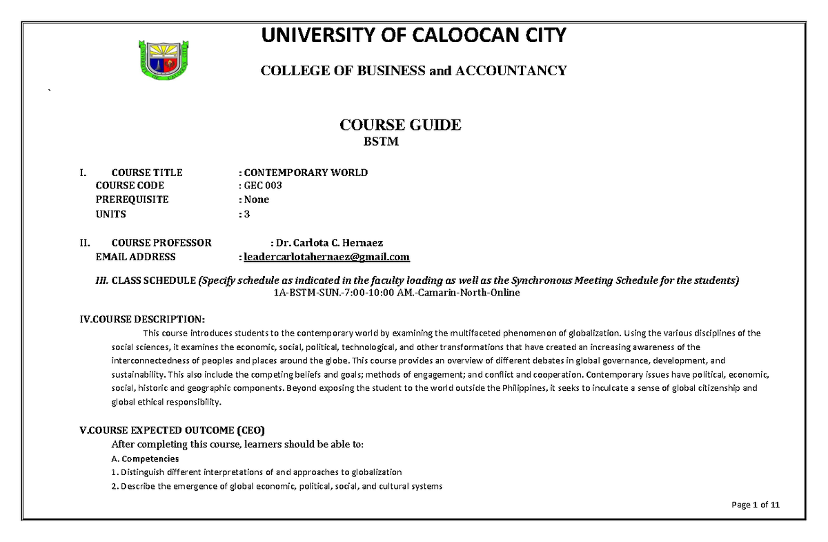 Syllabus Course Guide CBA - COLLEGE OF BUSINESS and ACCOUNTANCY ...