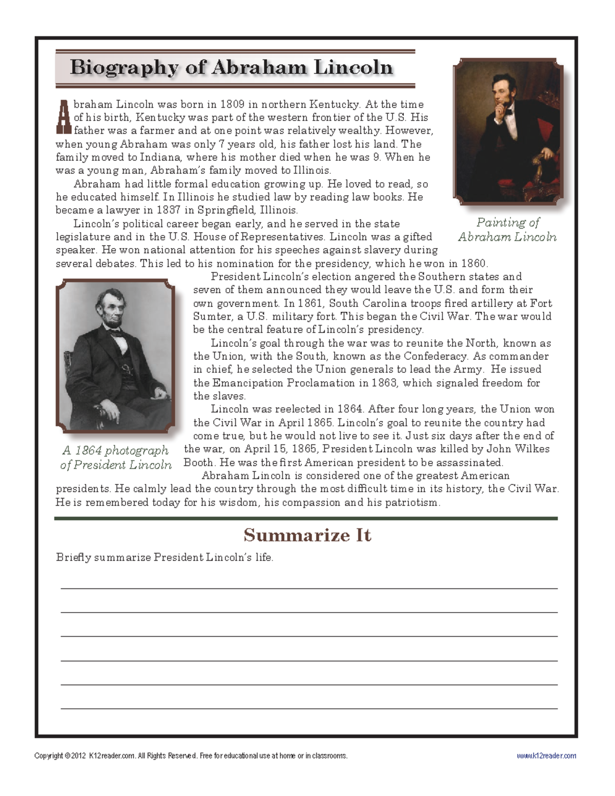 GR7 Abraham Lincoln Biography - Copyright © 2012 K12reader. All Rights ...