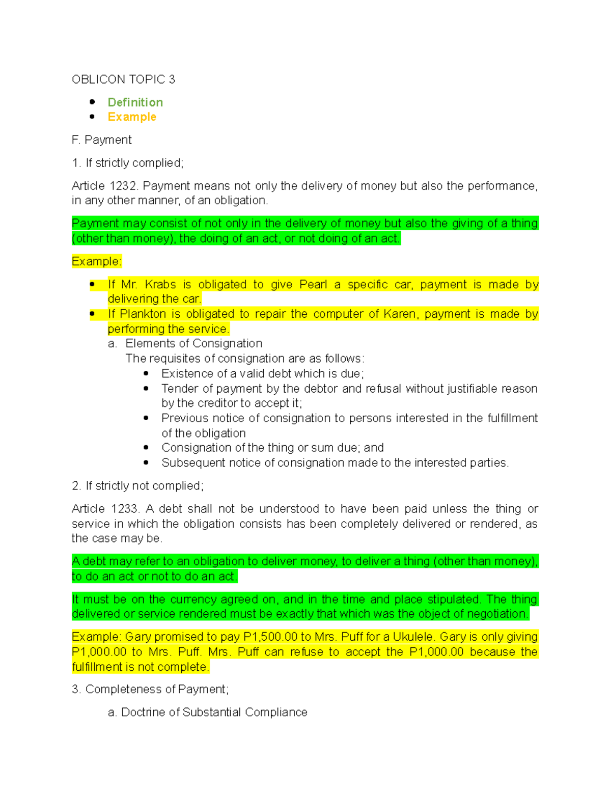 Oblicon- Topic-3 - B's - OBLICON TOPIC 3 Definition Example F. Payment If strictly complied ...