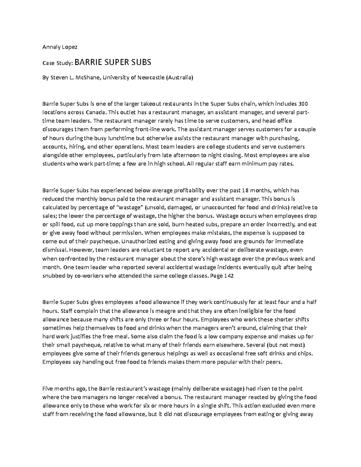 Case Study- Barrie Super Sub - Annaly Lopez Case Study: BARRIE SUPER SUBS By Steven L. McShane ...