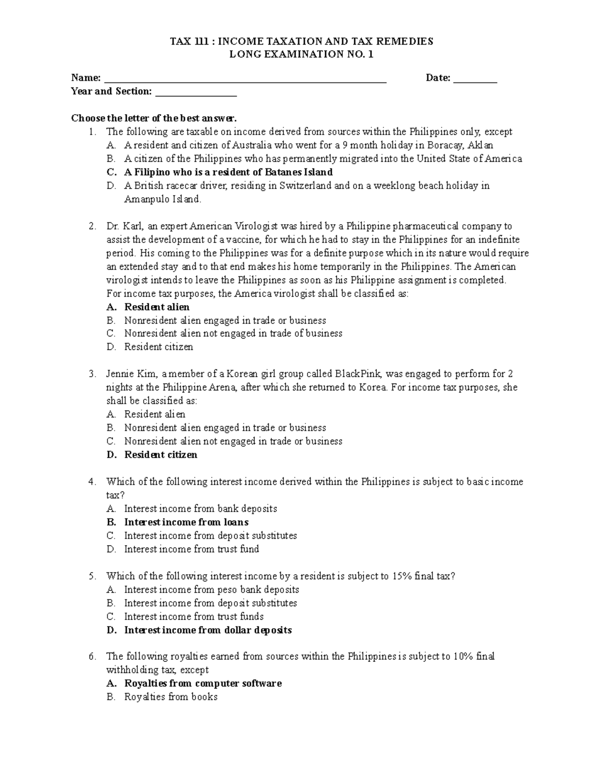 LONG EXAM 1 Answers - Exam - LONG EXAMINATION NO. 1 Name: - Studocu