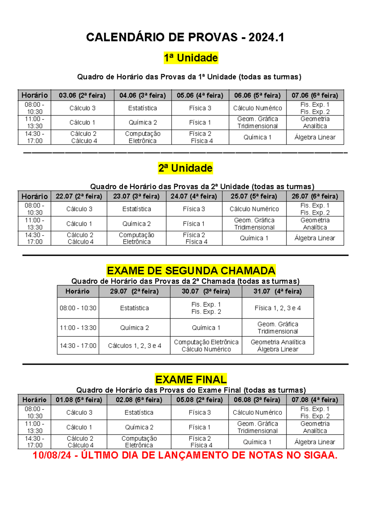 Calendário De Provas 2024 Calendário De Provas 2024 1 ª Unidade