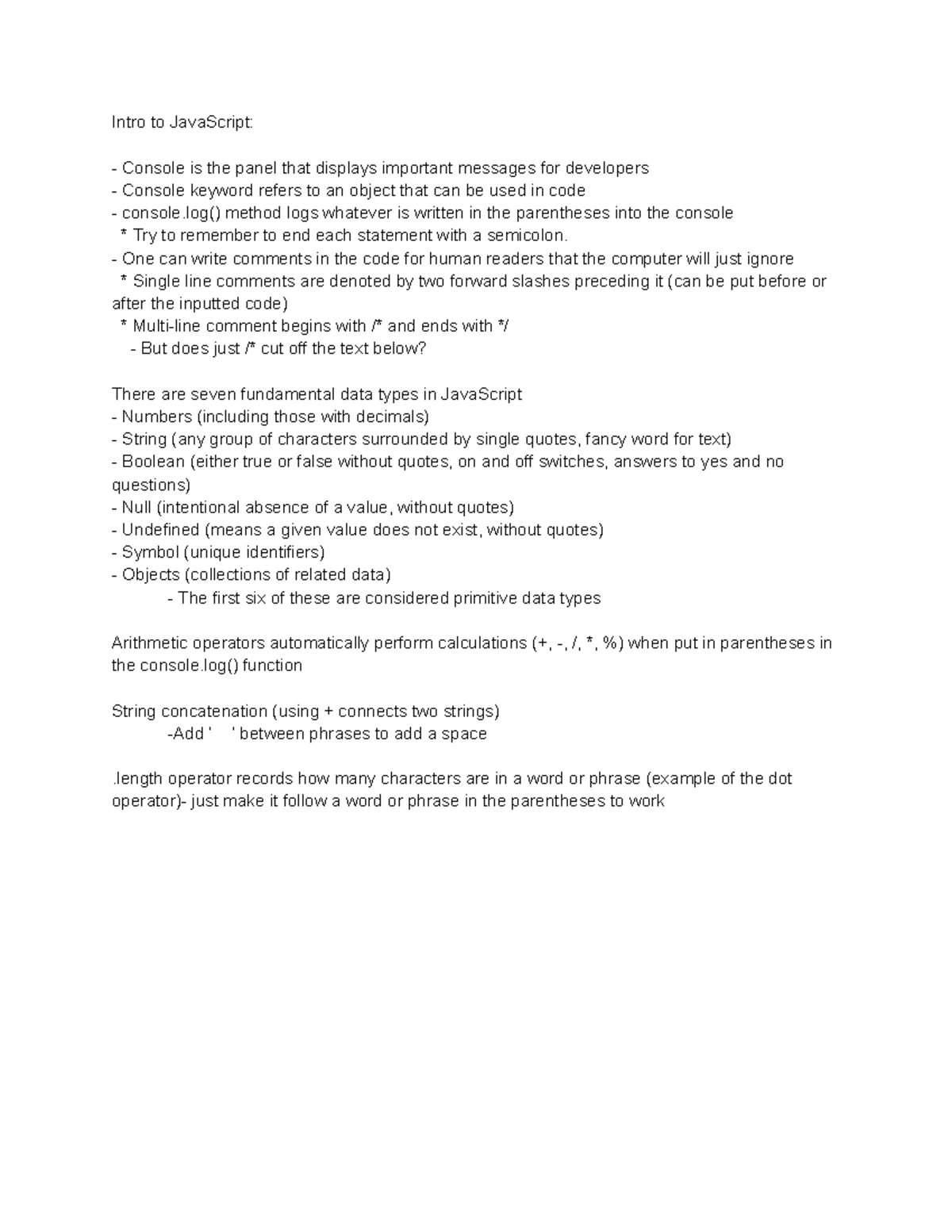 Beginner Coding Notes Intro To Javascript Console Is The Panel That Displays Important