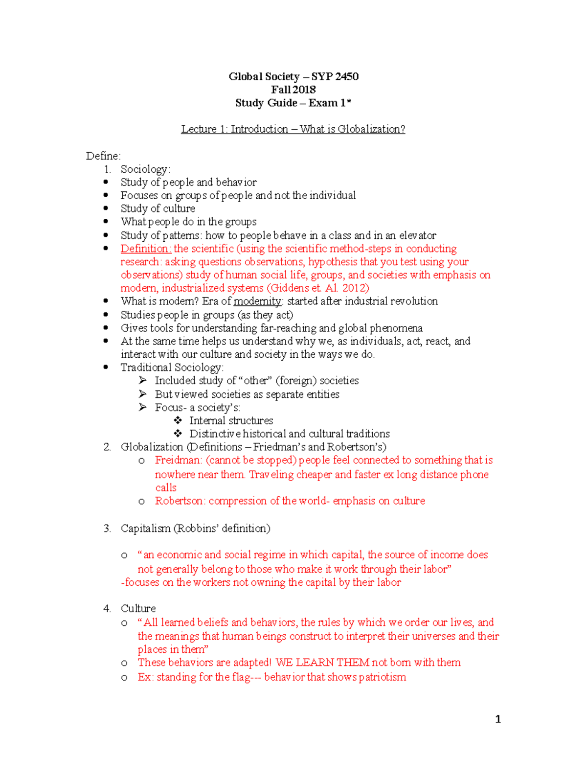 Global Soc Study Guide Exam 1 F18 - Global Society – SYP 2450 Fall 2018 ...