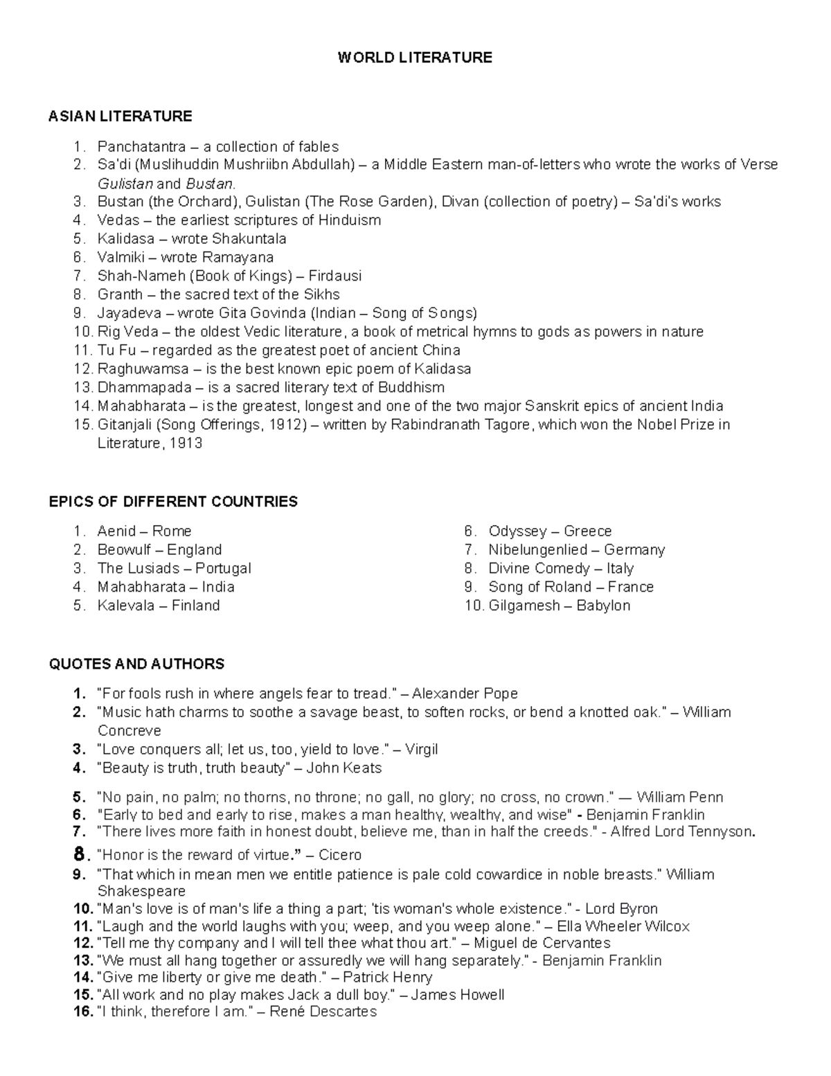 World lit 1 factsheets - WORLD LITERATURE ASIAN LITERATURE Panchatantra ...