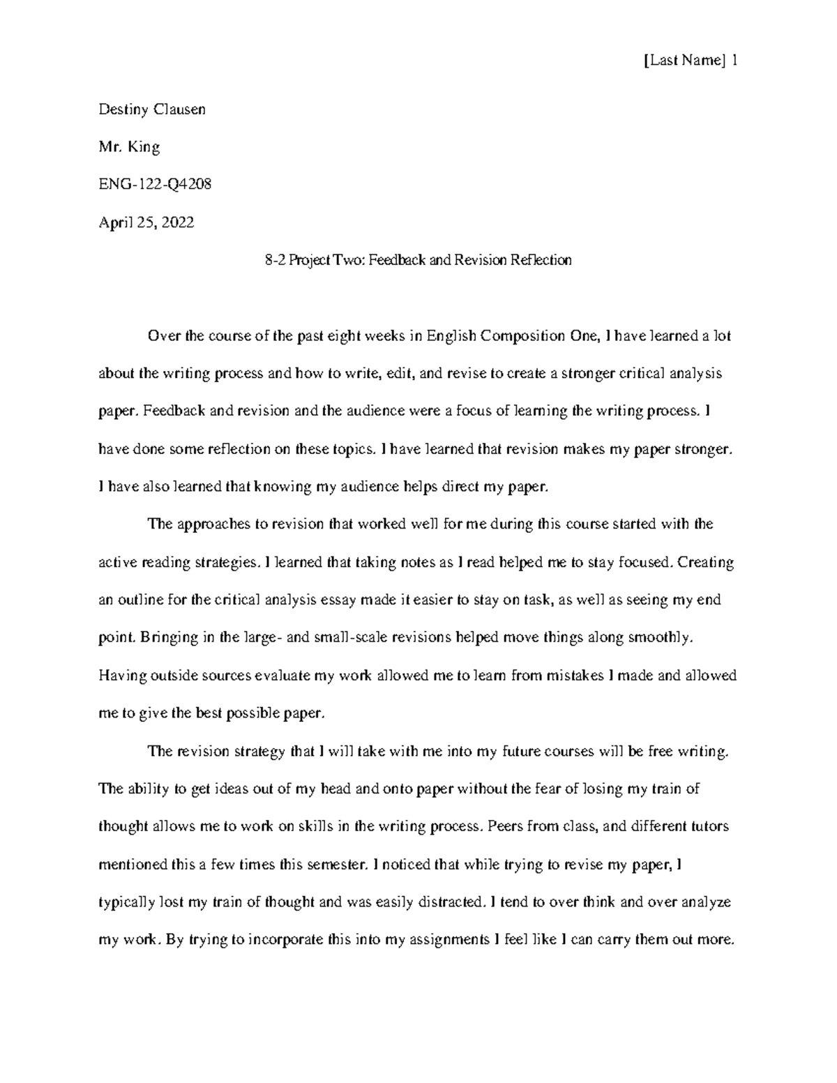8-2 Feedback and Revision Reflection - [Last Name] 1 Destiny Clausen Mr ...