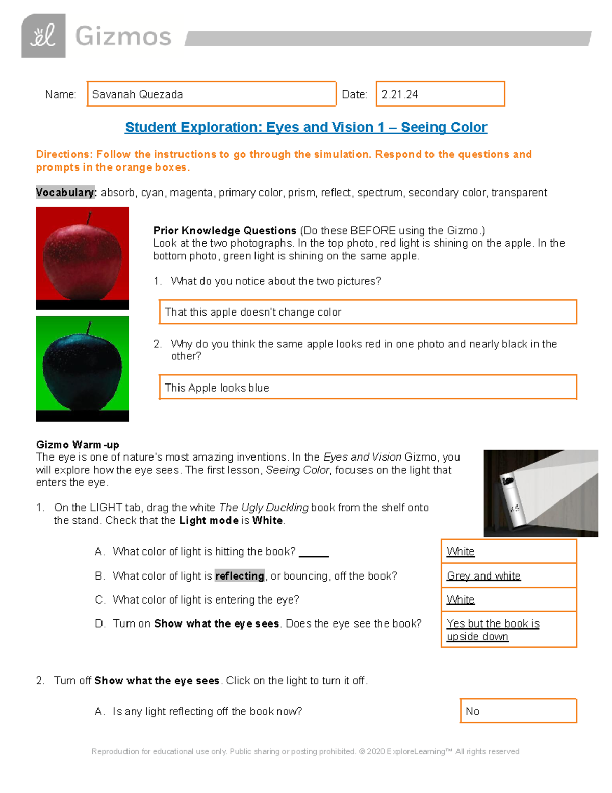 Gizmo Activity - Seeing Color - Name: Savanah Quezada Date: 2. Student ...