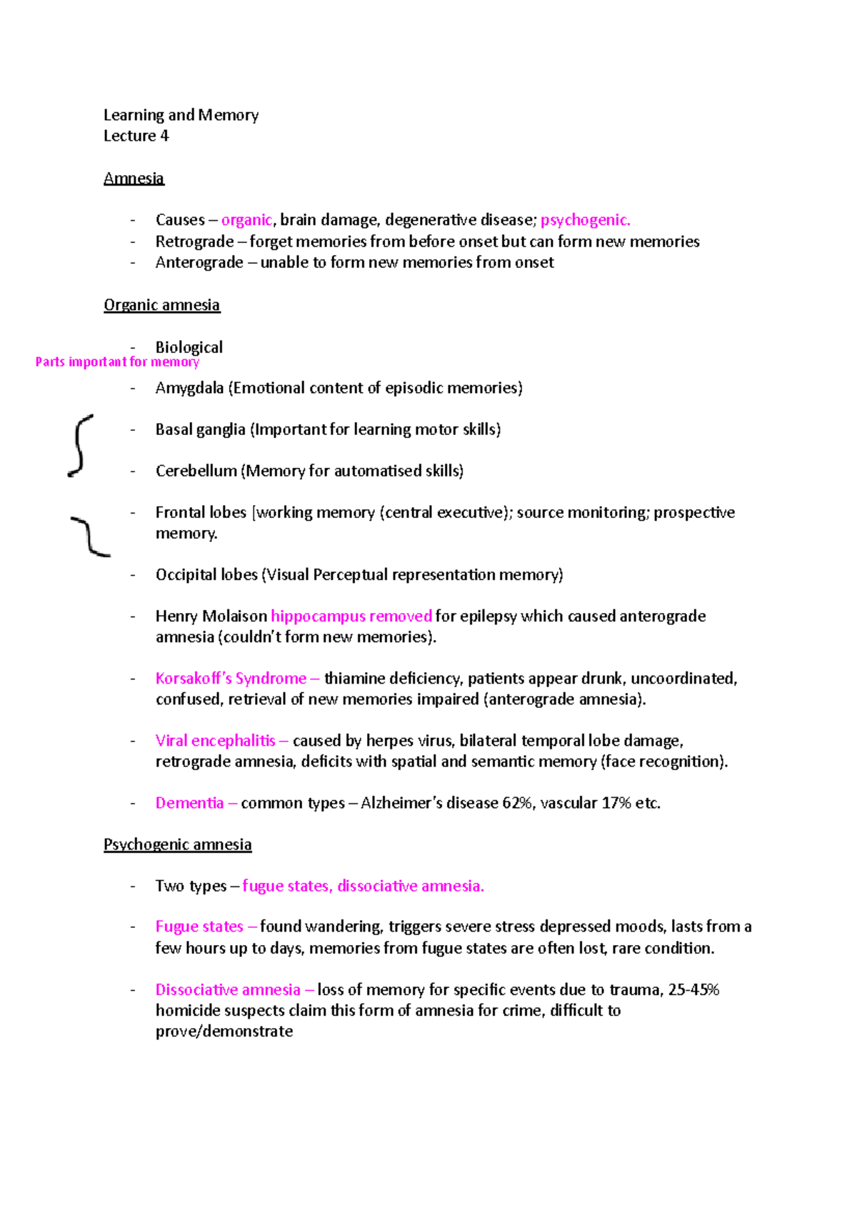 Learning And Memory Lecture 4 Learning And Memorylecture 4 Amnesia Causes Organic Brain