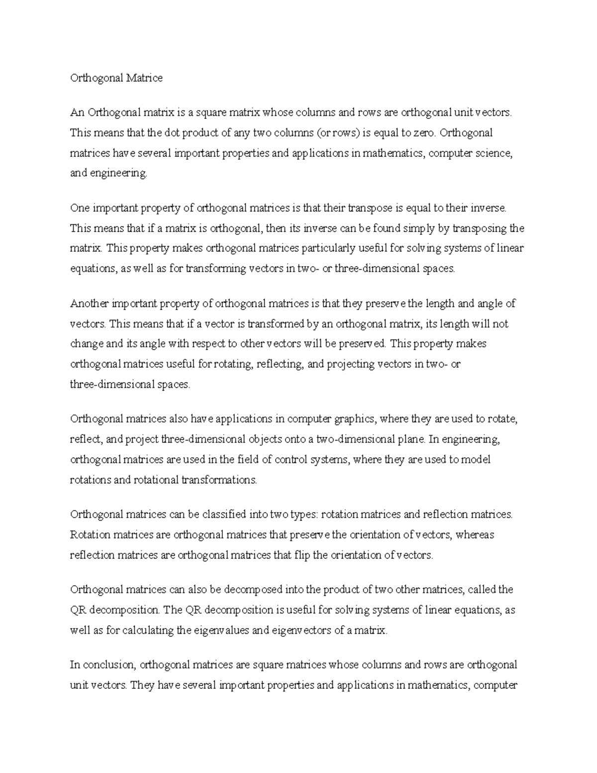 Orthogonal Matrice - This means that the dot product of any two columns ...