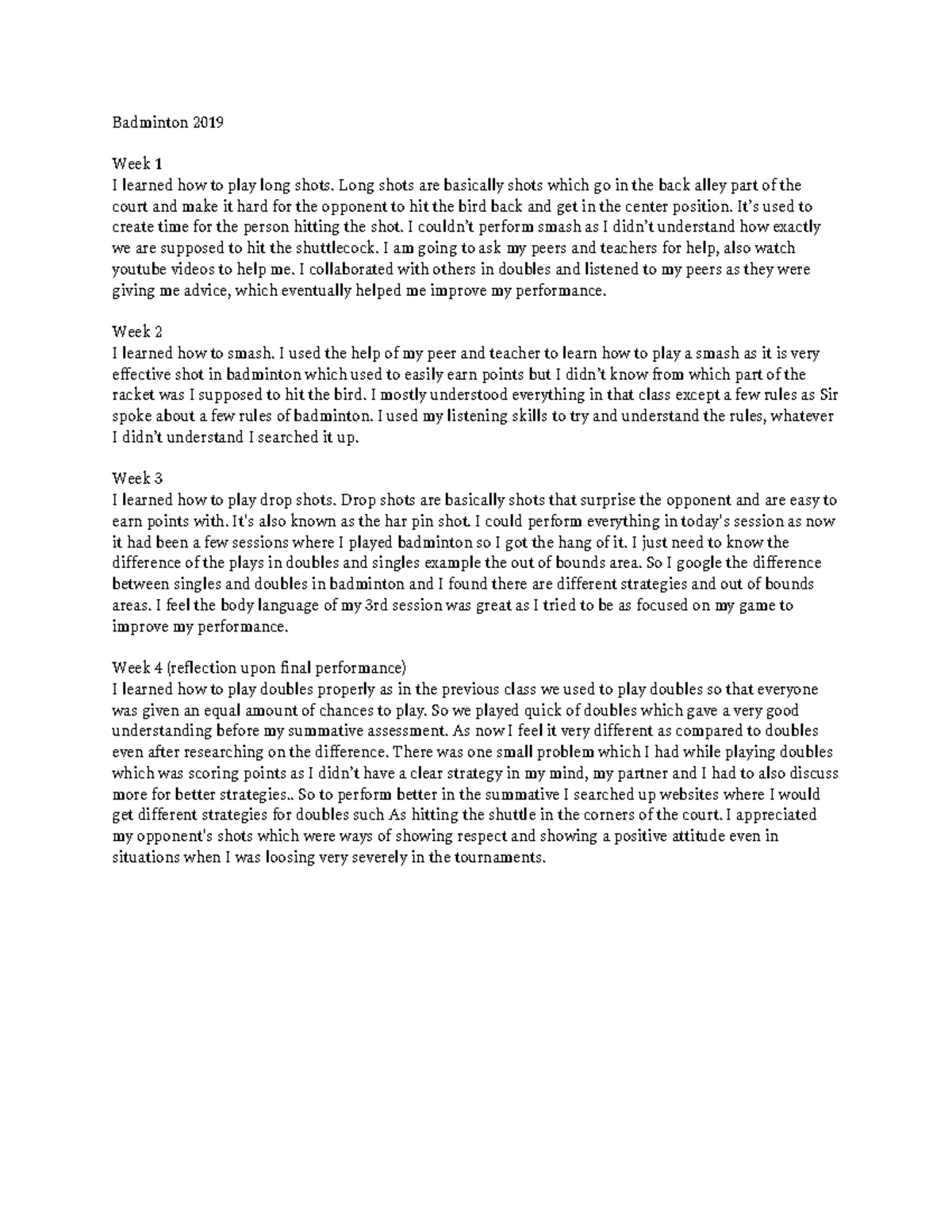 Badminton reflection on performance - Badminton 2019 Week 1 I learned ...