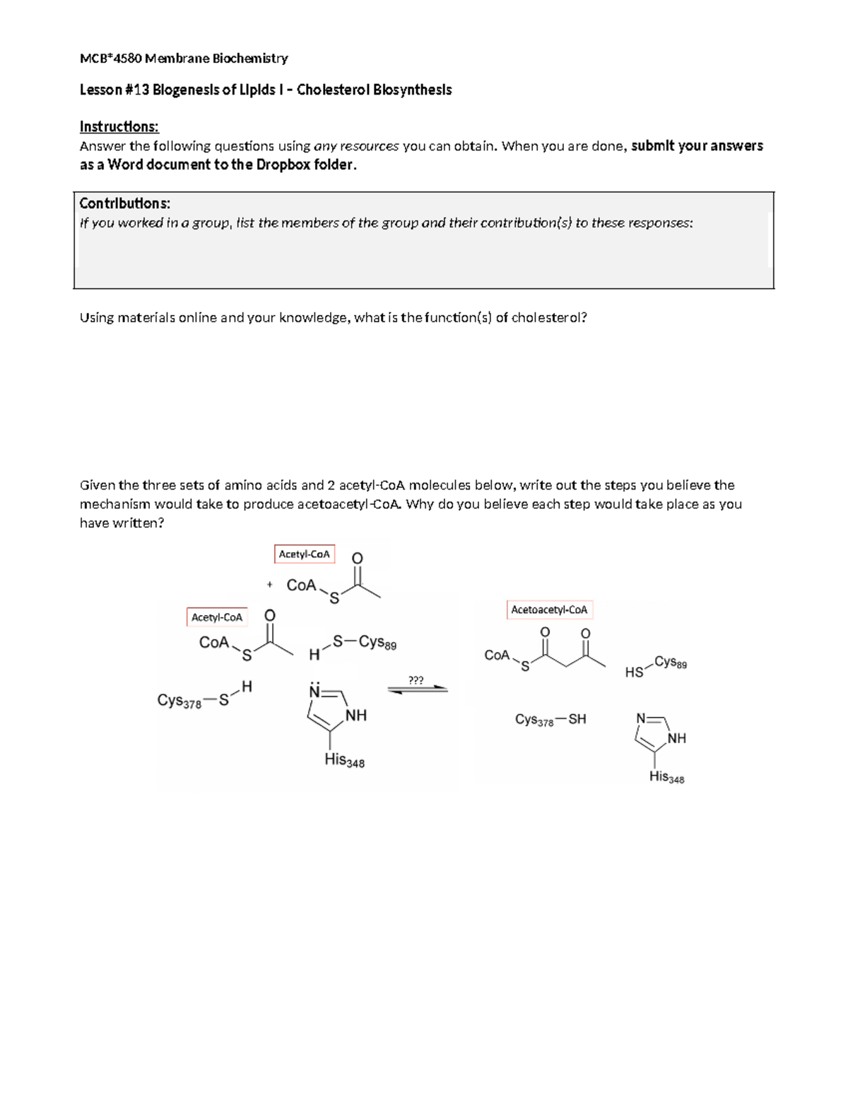 Lesson 13 Cholesterol-Biosynthesis Worksheet - MCB*4580 Membrane ...