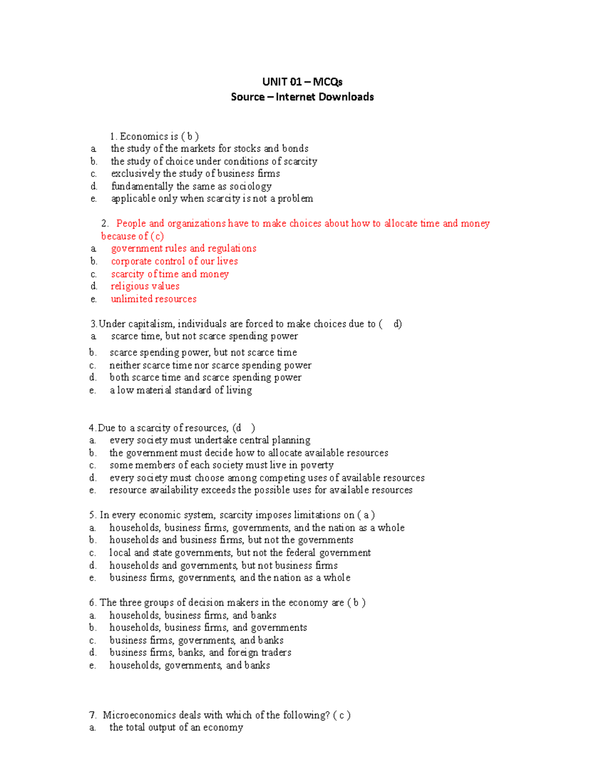 Sample/practice exam 2017, questions - UNIT 01 – MCQs Source – Internet Downloads a. b. c. d. e ...