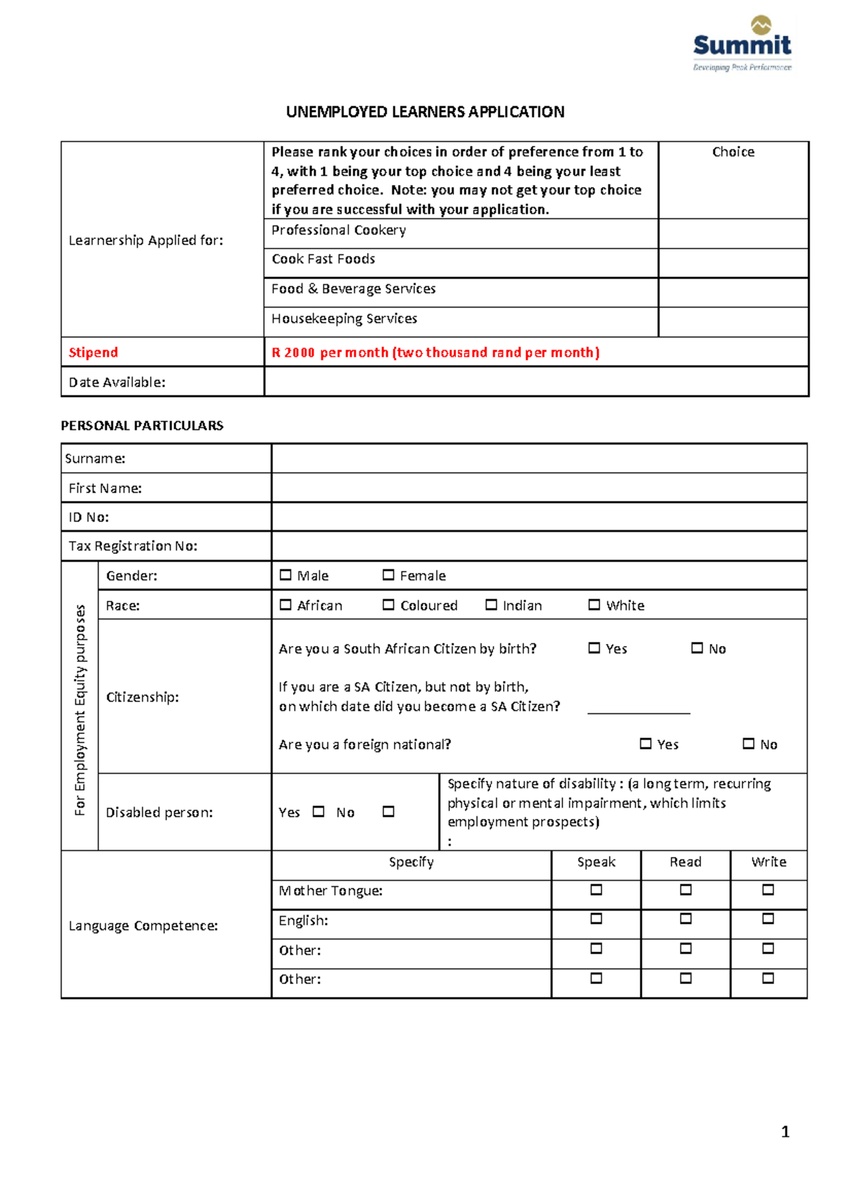 Learner Application Form - UNEMPLOYED LEARNERS APPLICATION Learnership ...