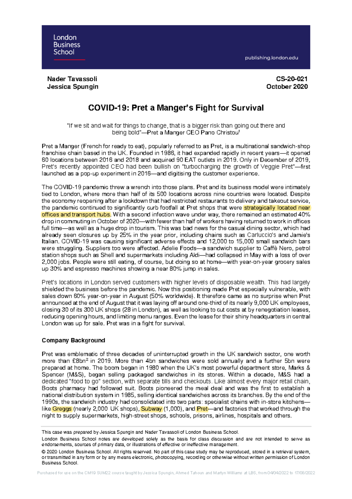 Case study - pret a manger post covid - This case was prepared by ...