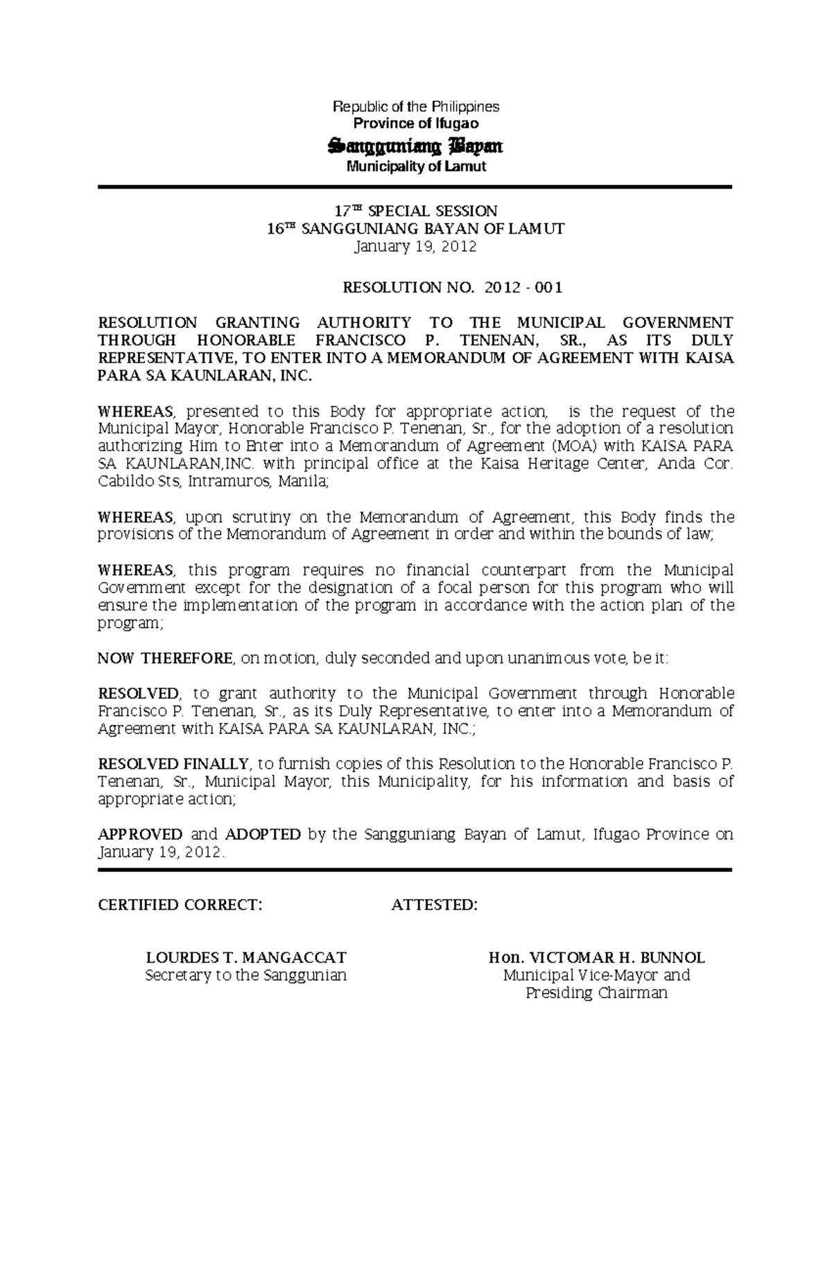 2012-Resolutions - For reference - Province of Ifugao Sangguniang Bayan ...